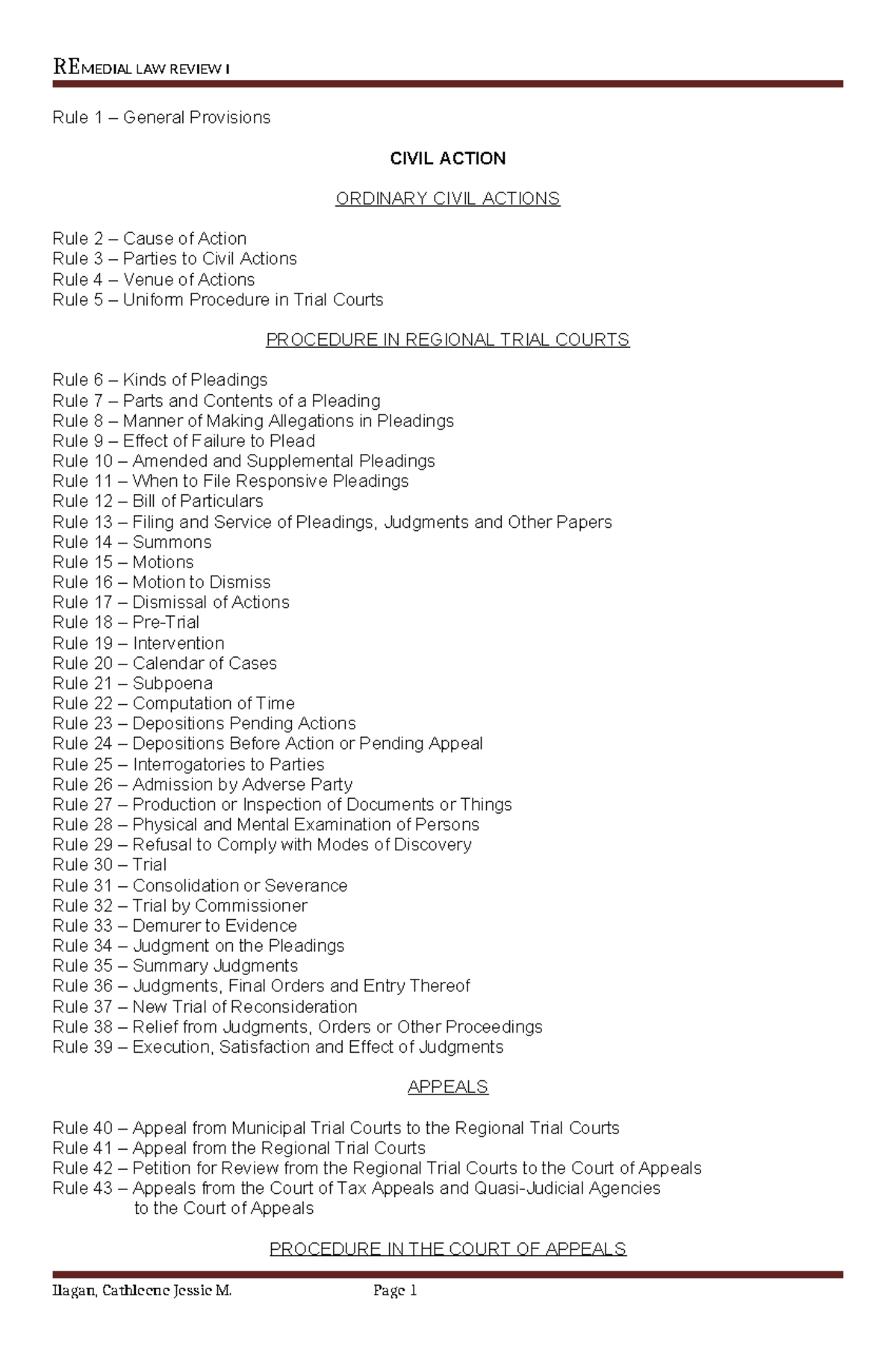 REMEDIAL LAW REVIEW I: General Provisions & Civil Actions - Studocu