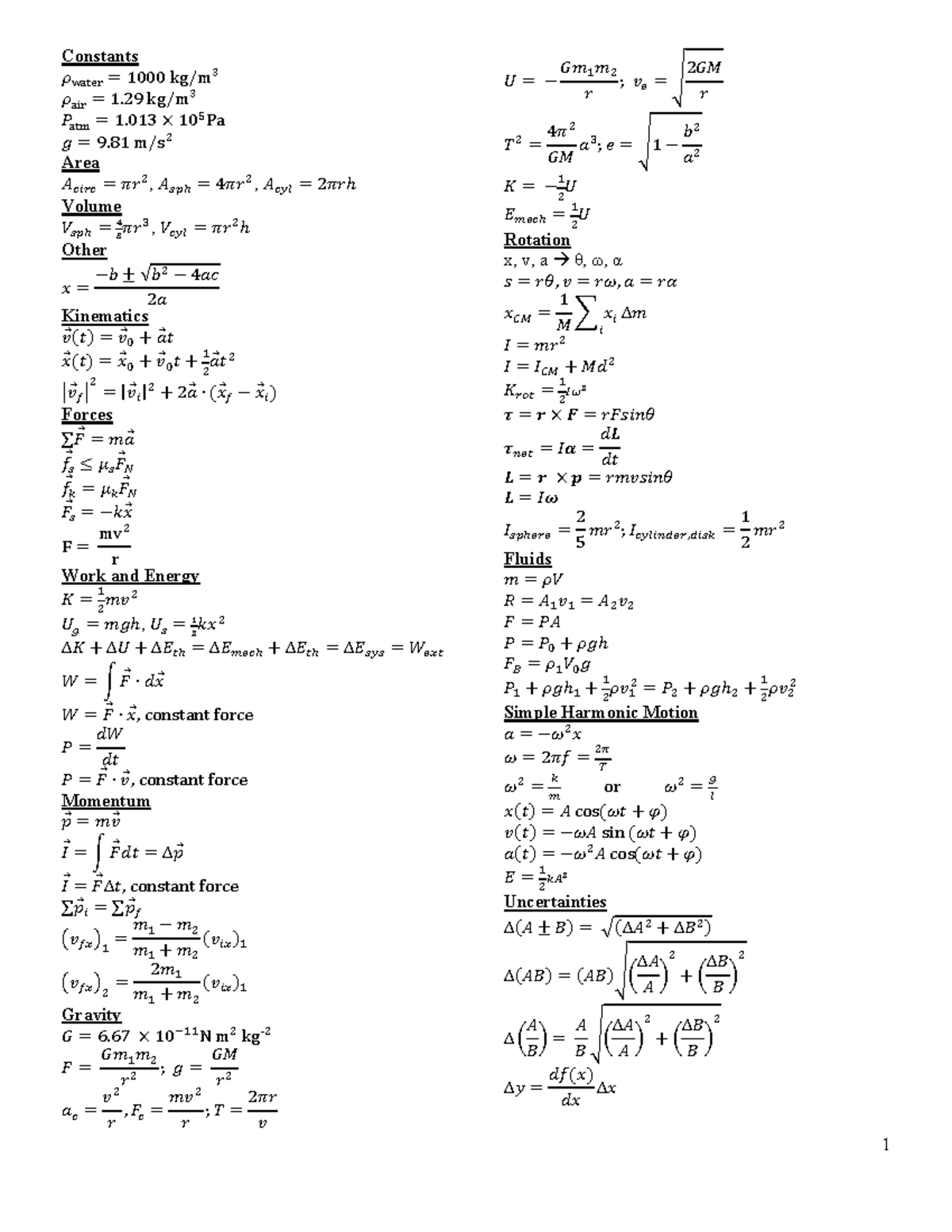 Equation Sheet for Physics 101: Constants and Formulas - Studocu
