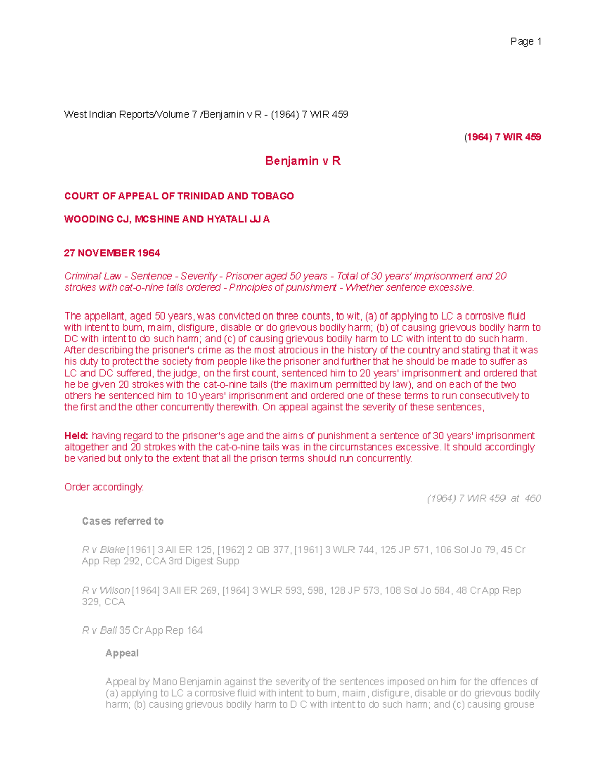 Benjamin v R - Overview and Judgment Analysis (1964) 7 WIR 459 - Studocu