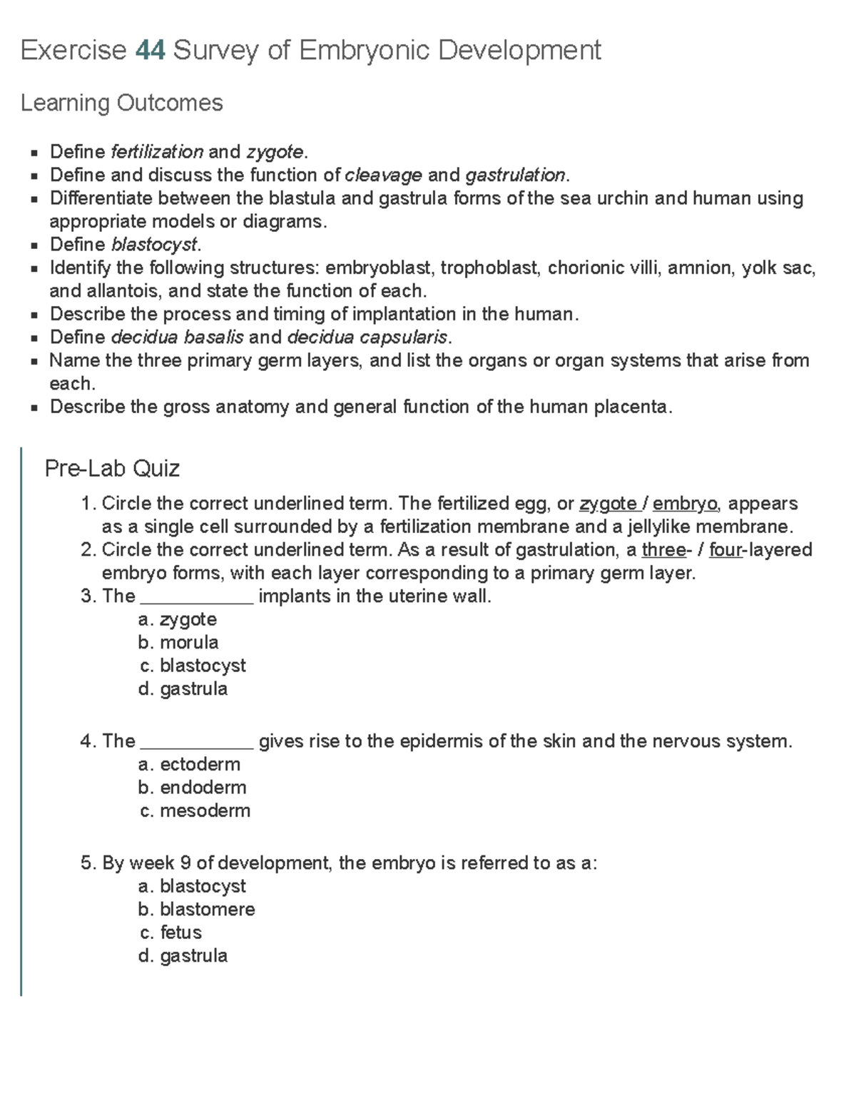 Embryonic Development Pre Lab Quiz (Course Code: A&P 44) - Studocu