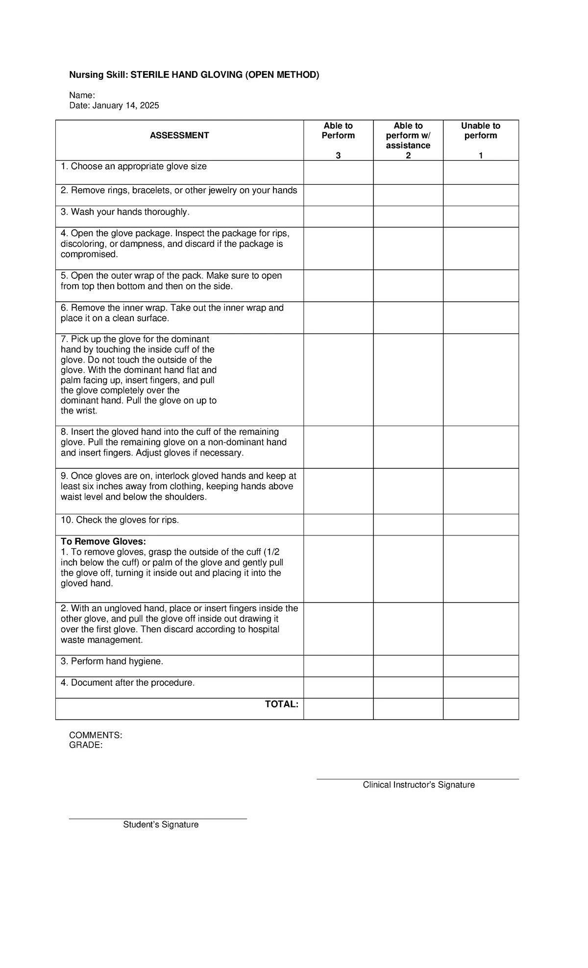 NUR 101: Checklist for Sterile Hand Glover (Open Method) Practice - Studocu