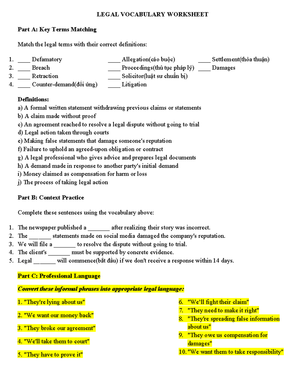 LEGAL VOCABULARY WORKSHEET: Key Terms & Context Practice - Studocu