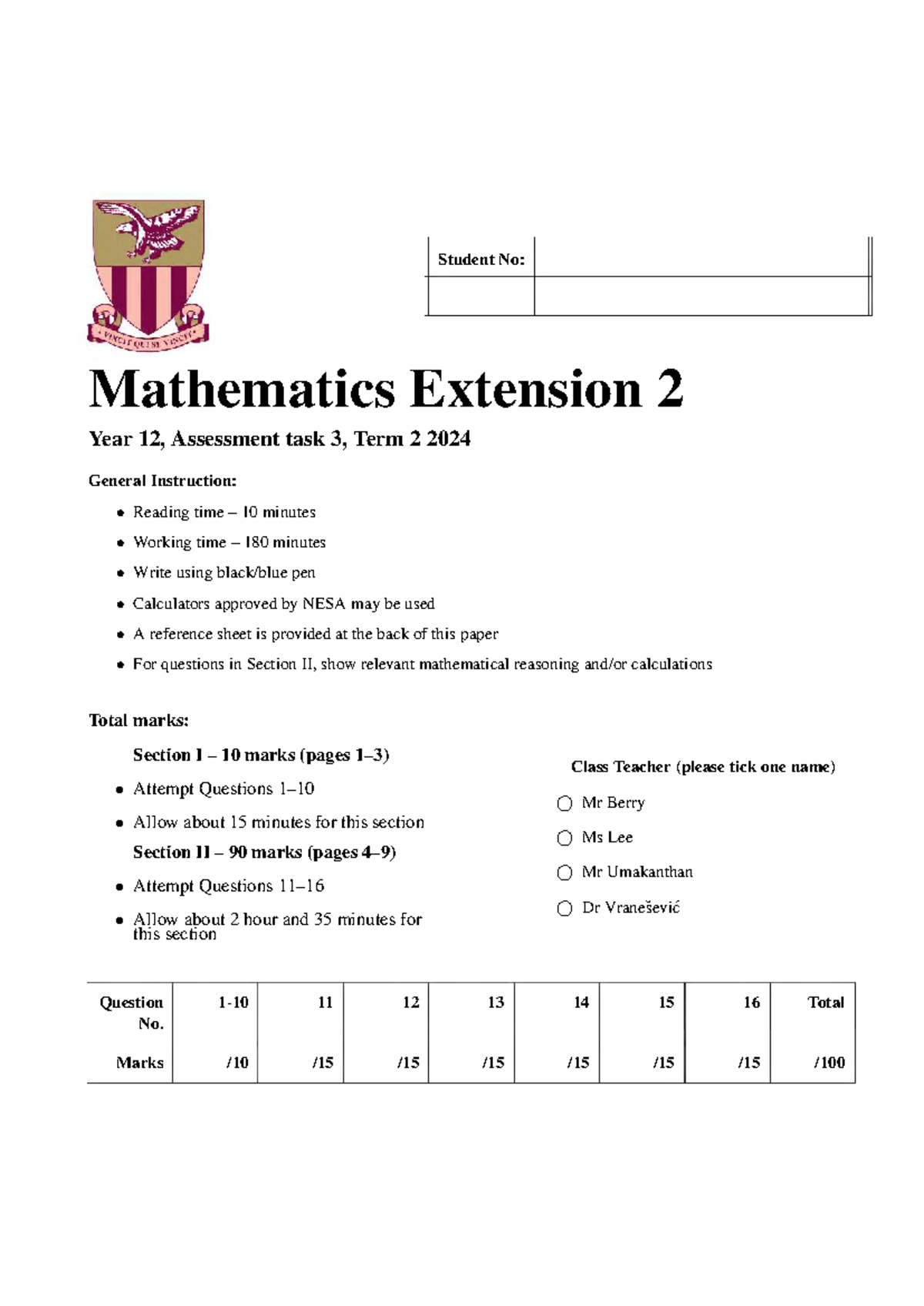 North Sydney Boys 2024 4U Mathematics Extension 2 Assessment Task 3 ...