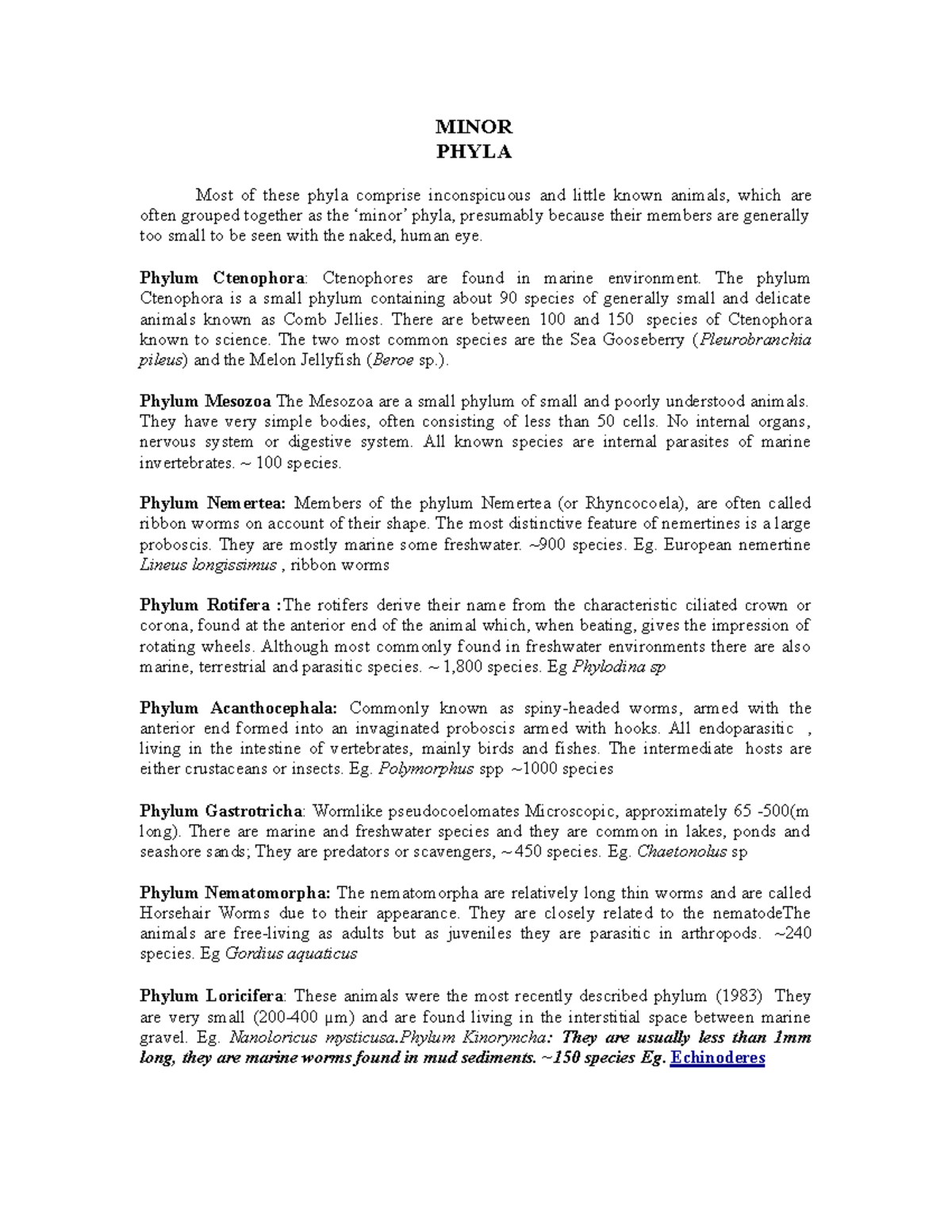 Minor Phyla - Lecture Notes 1-3: An Overview of Key Species and ...