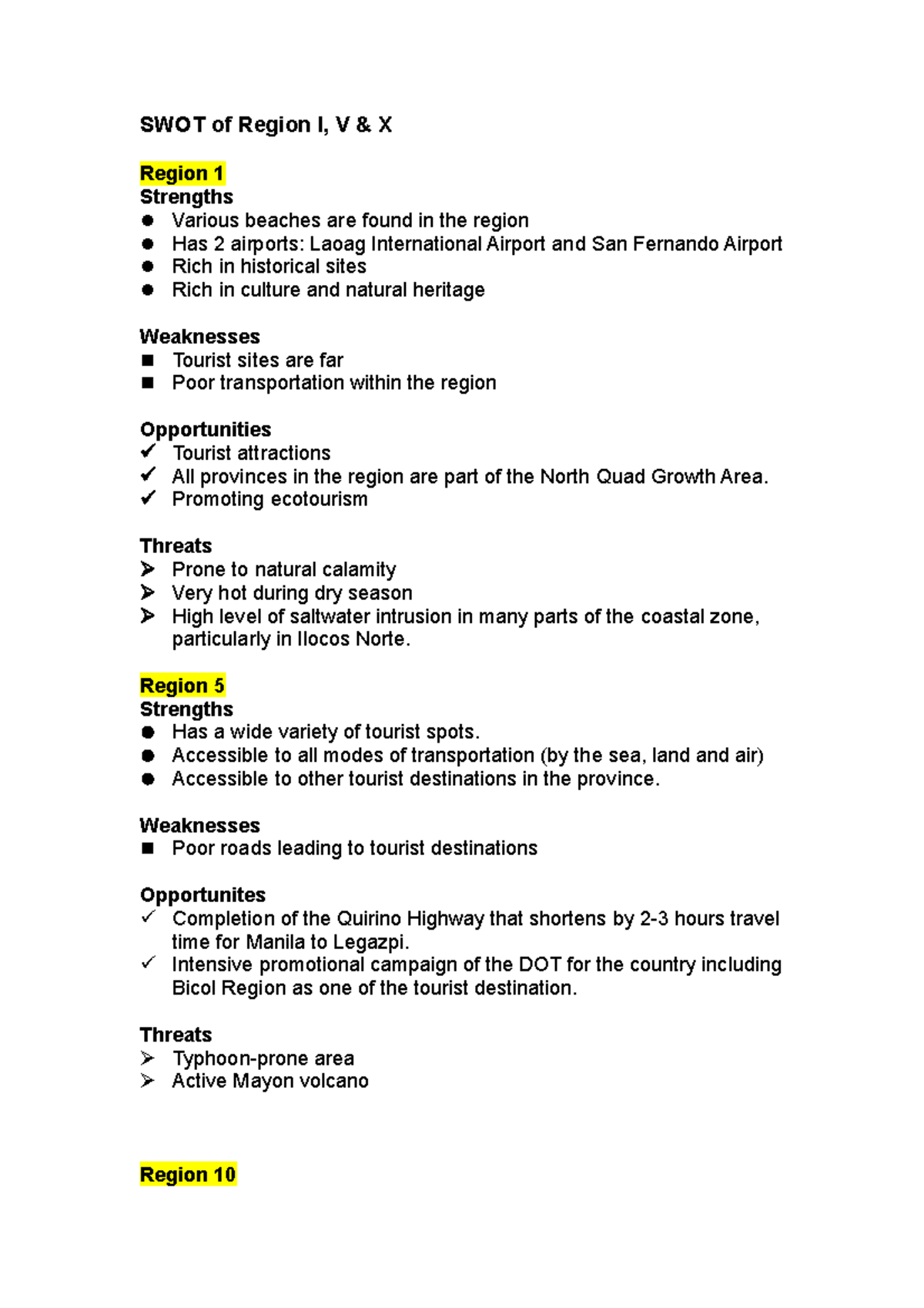 SWOT Analysis of Regions I, V & X in the Philippines - Studocu