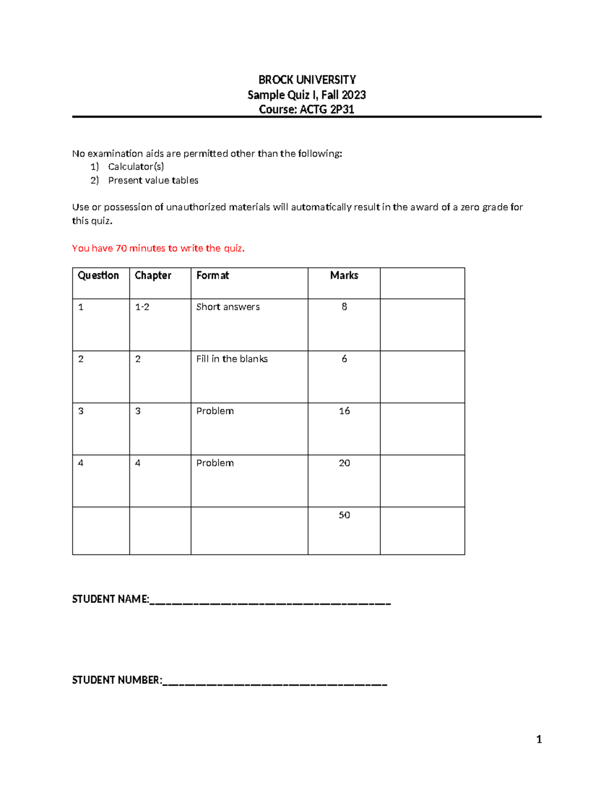 BROCK UNIVERSITY ACTG 2P31 Sample Quiz I, Fall 2023 - Exam Details ...