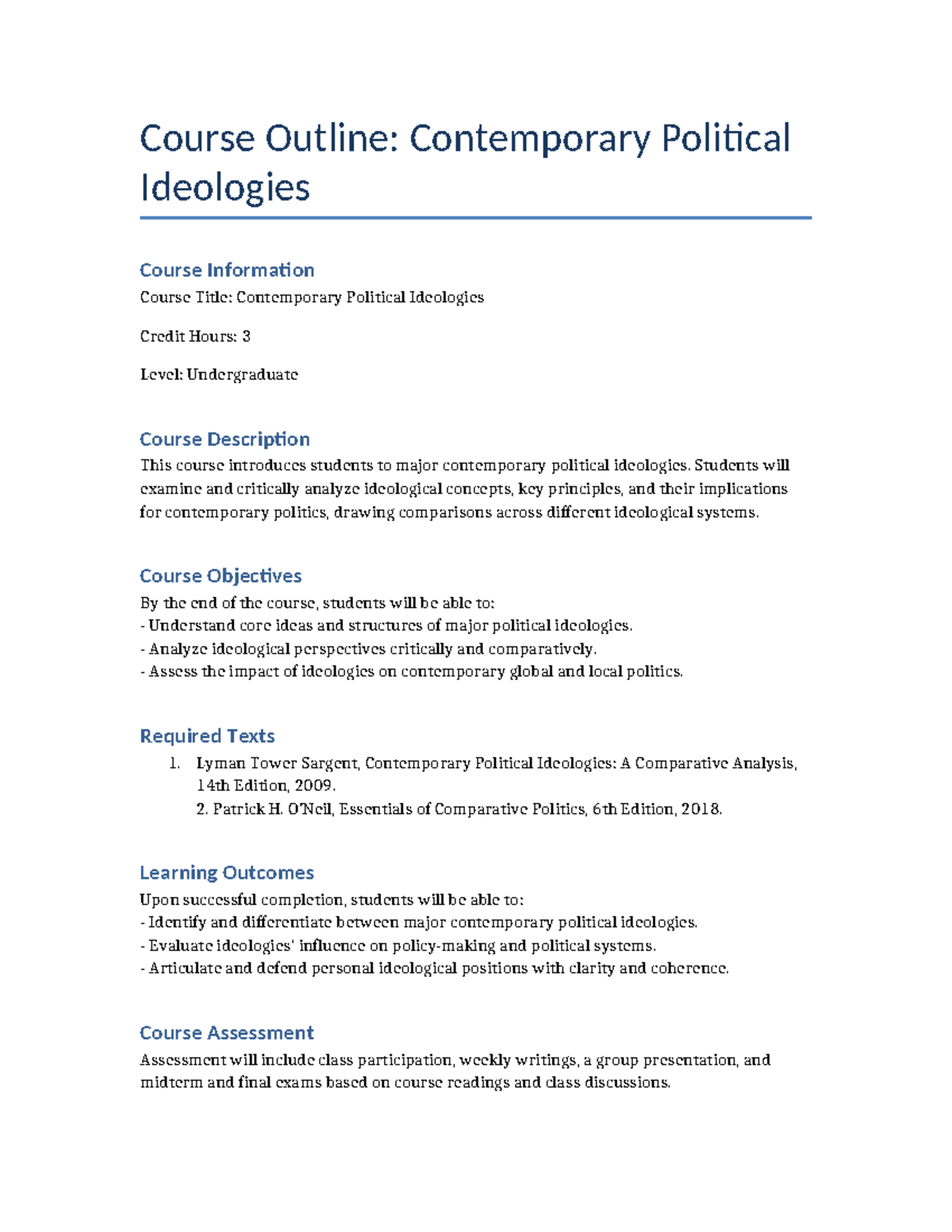 Contemporary Political Ideologies (POL 101) Course Outline and Overview ...