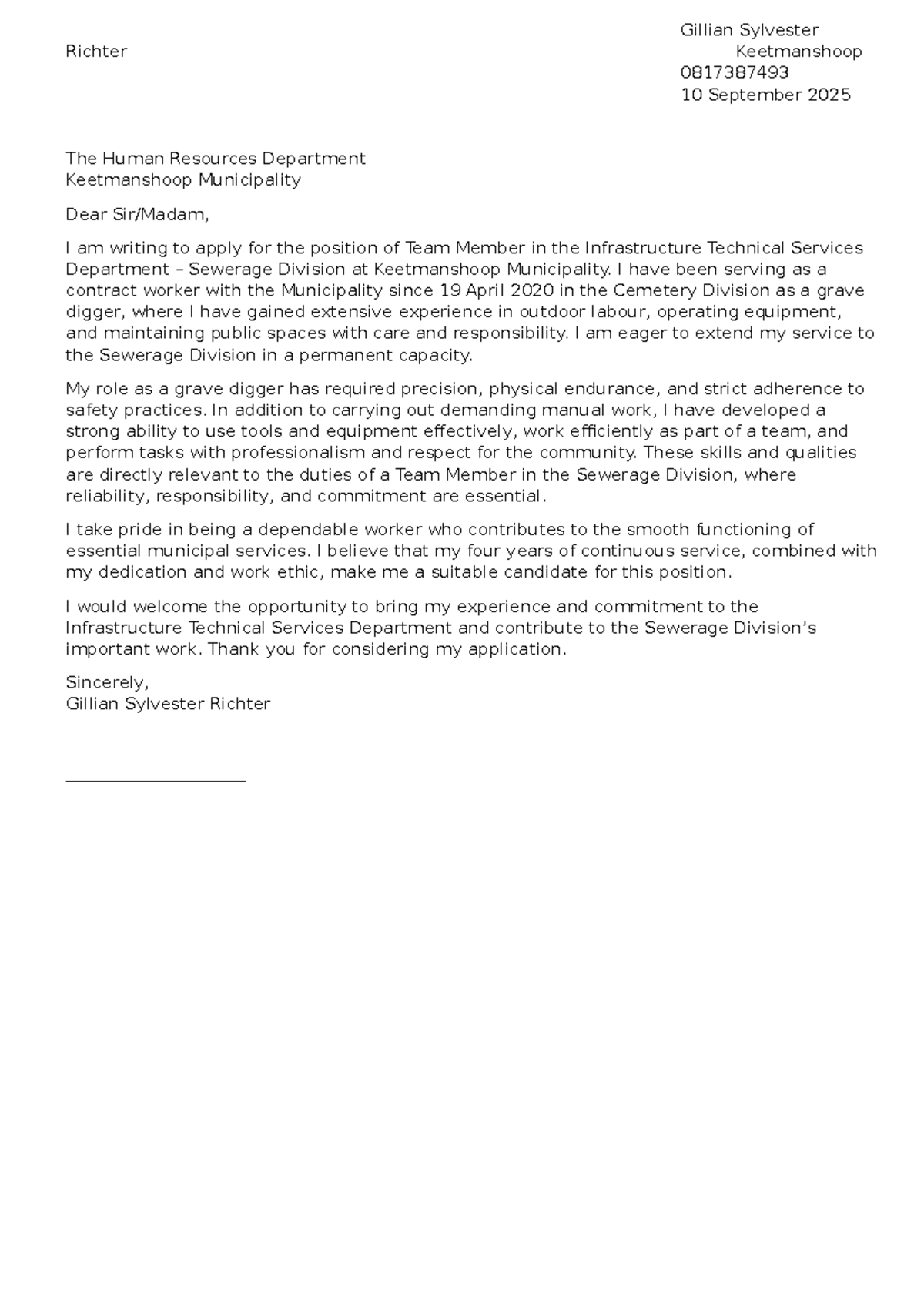 Application for Team Member Position in Sewerage Division - Studocu