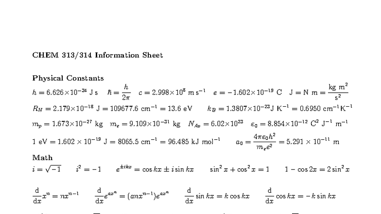 CHEM 313/314 Equation Sheet: Essential Physical Constants & Formulas ...