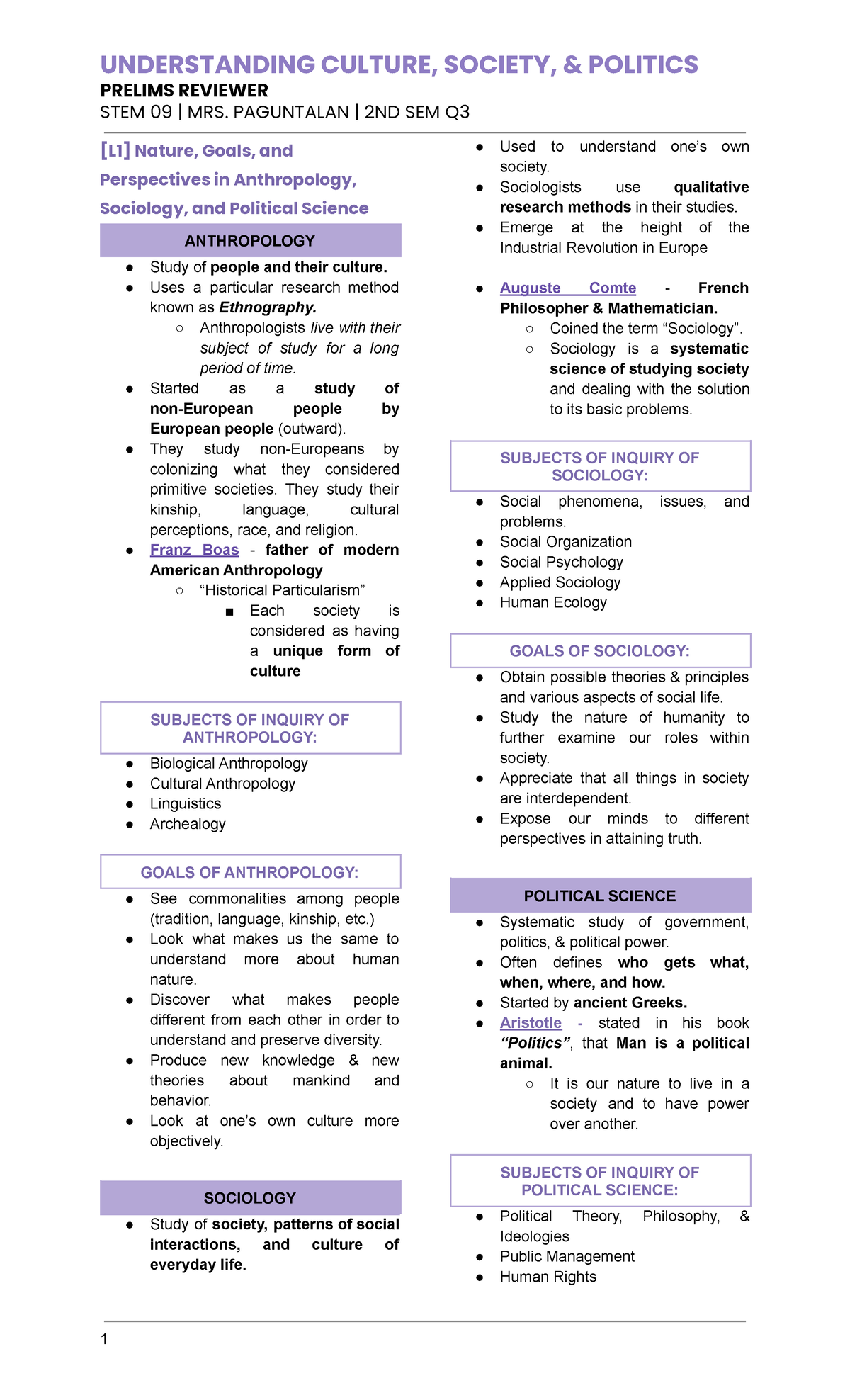UCSP- Prelims Reviewer: Understanding Culture, Society, & Politics - Studocu
