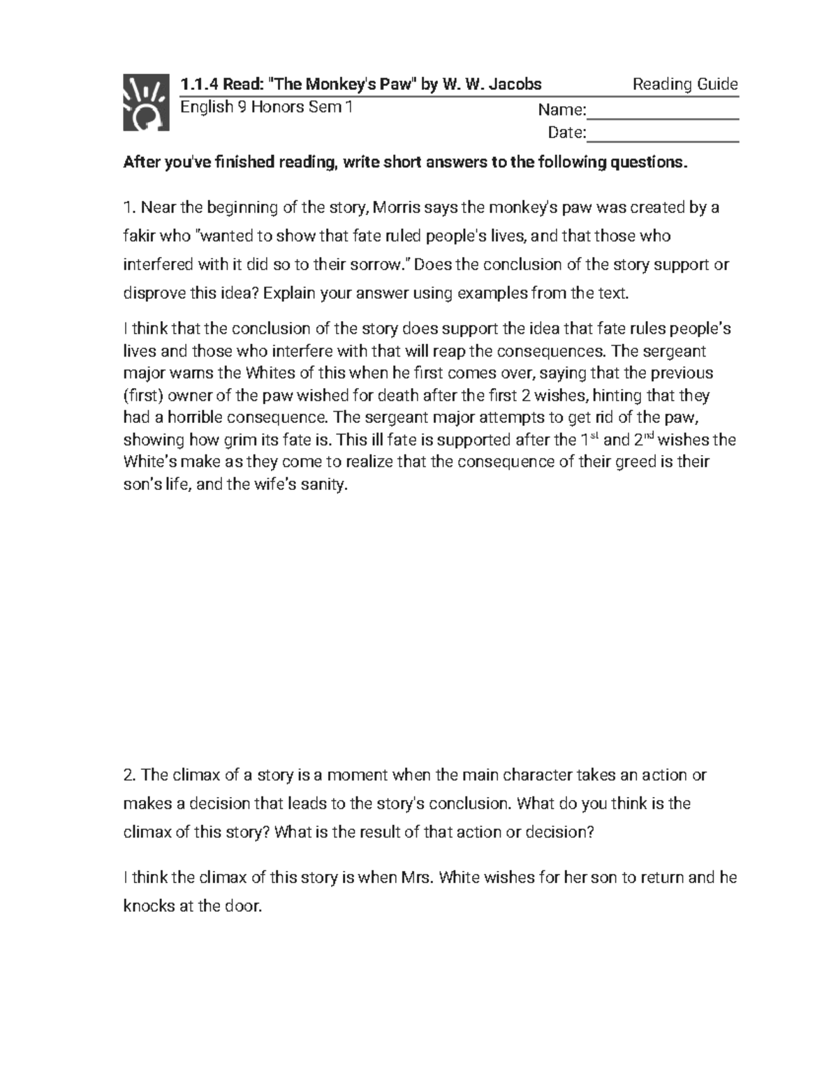 English 9 Honors: "The Monkey's Paw" by W. W. Jacobs (Reading Guide ...