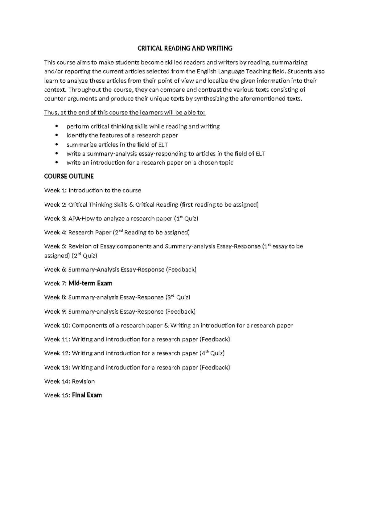 CRITICAL READING AND WRITING Syllabus (2020-2021) - ELT Focus - Studocu