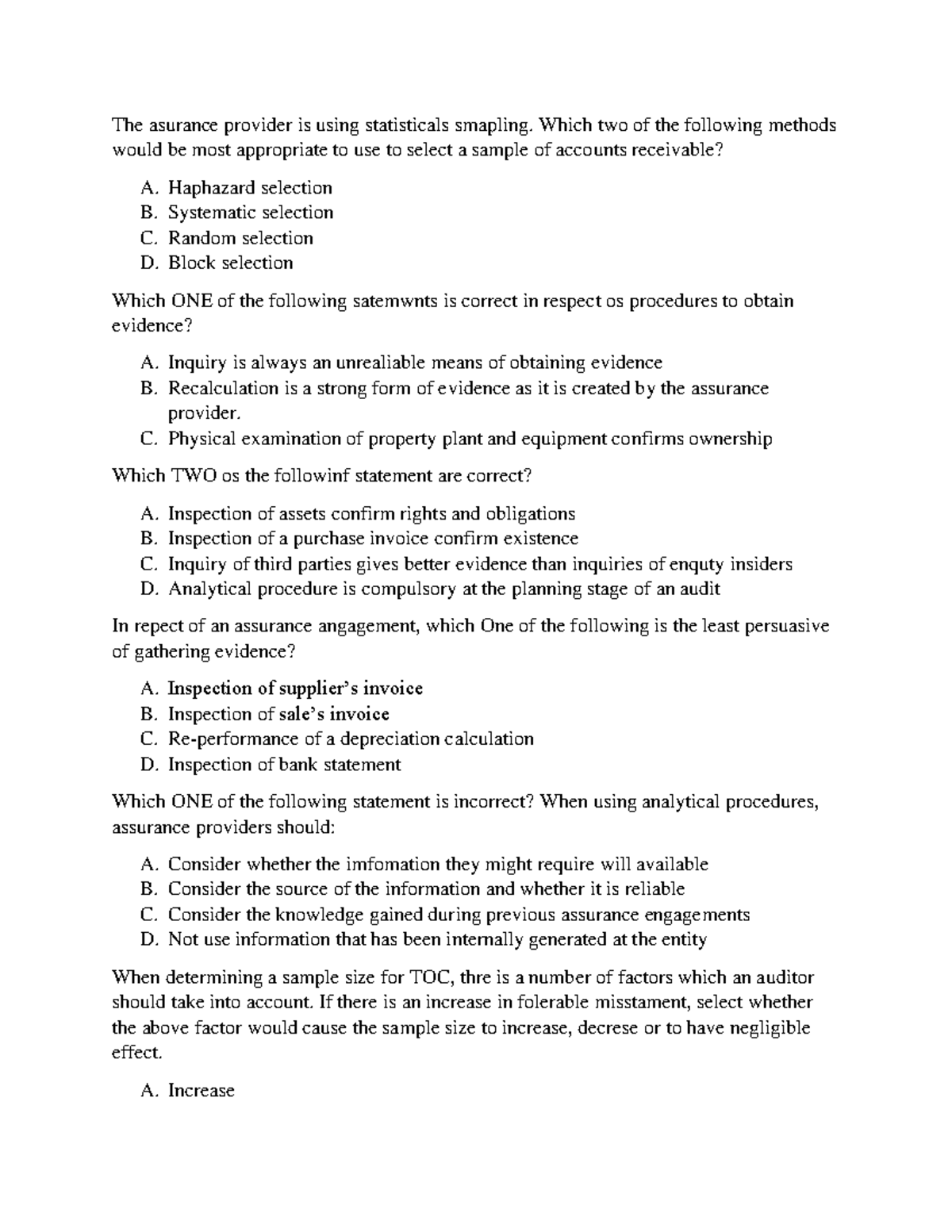 Assurance Review Work: Statistical Sampling Methods and Evidence ...
