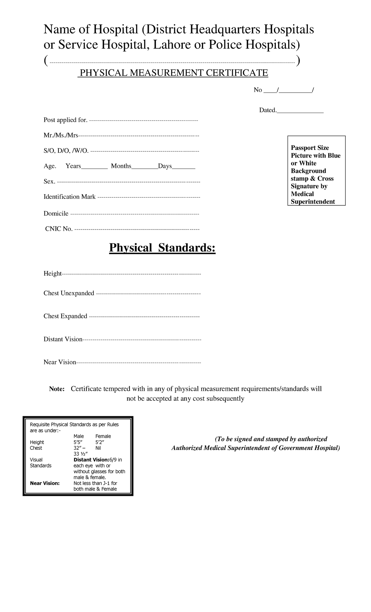 Proforma for Medical Certificate - PHYSICAL MEASUREMENT CERTIFICATE ...