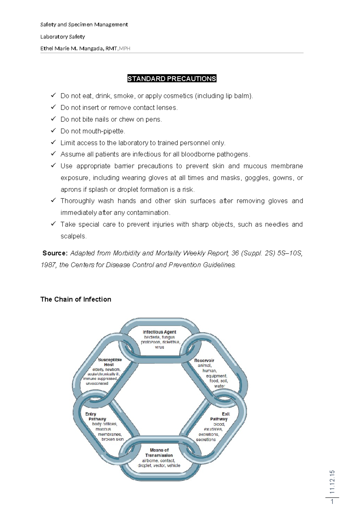 Laboratory Safety Guidelines and Standard Precautions (Lec 11.12.15 ...