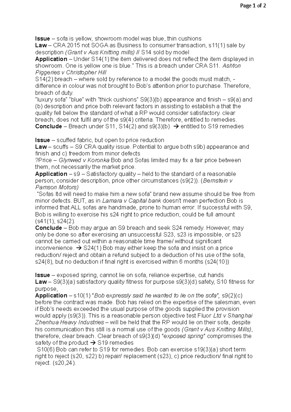 Sale of Goods Law Case Study: Consumer Rights Act 2015 Analysis - Studocu