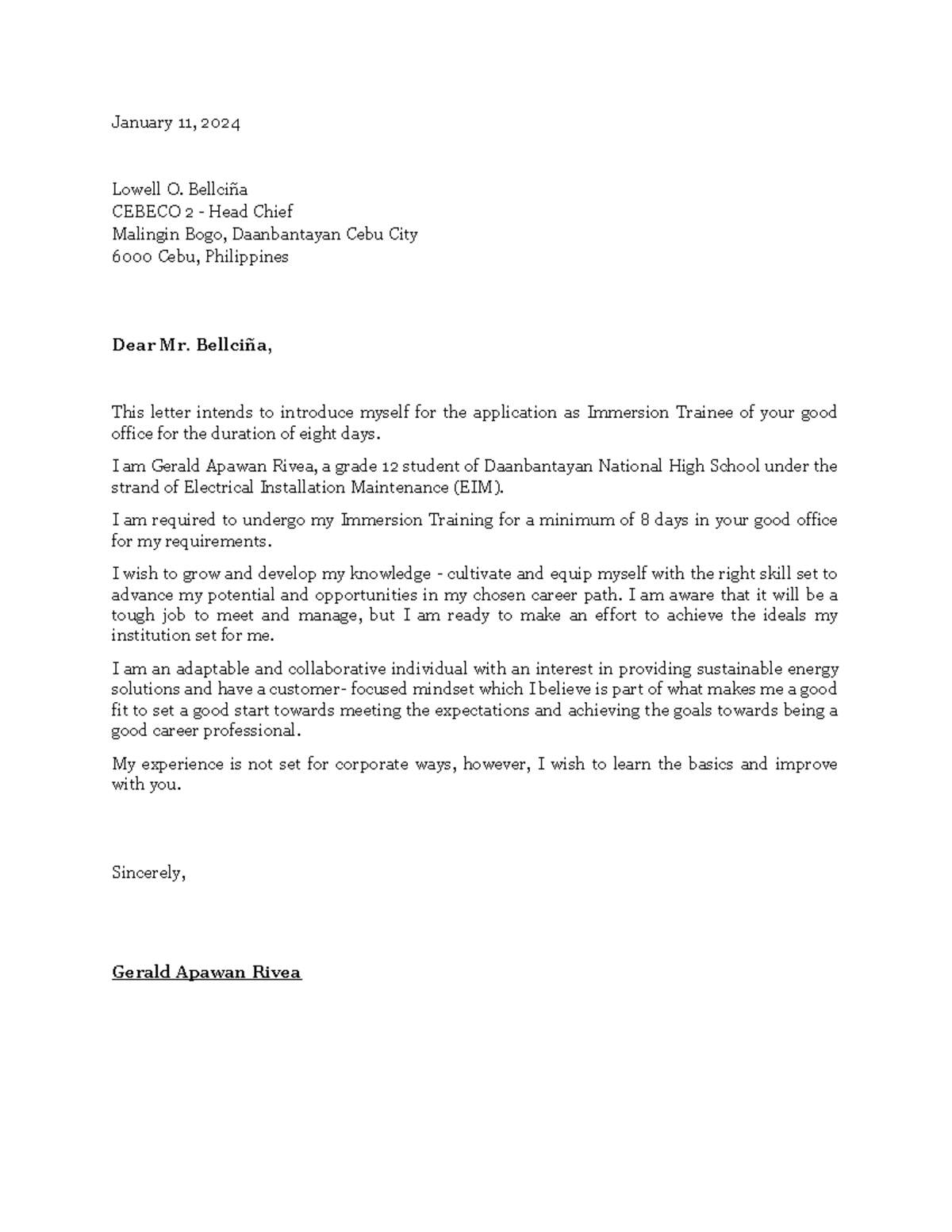 Application Letter for Immersion Trainee - CEBECO 2 (SDAS) - Studocu