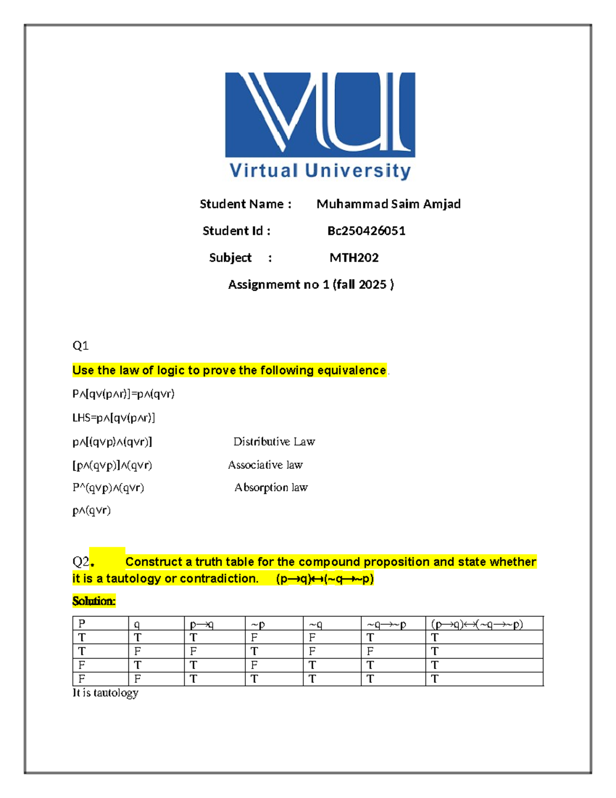 Fall 2025 MTH202 Assignment 1: Logic Proofs & Truth Tables - Studocu