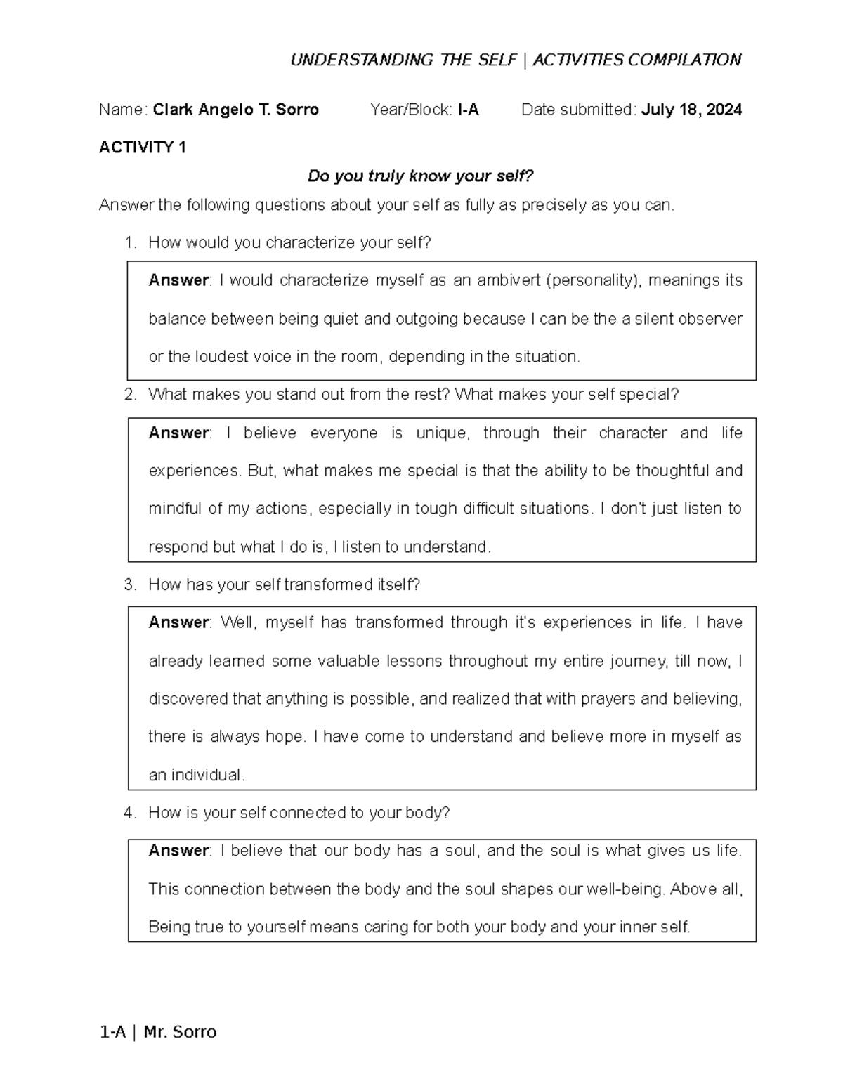 ACTIVITIES UNDERSTANDING THE SELF (1-5) - Clark Angelo T. Sorro - Studocu