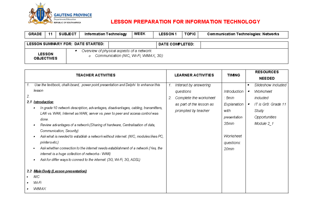 Grade 11 IT Lesson Plan: Communication Technologies (Lesson 1) - Studocu