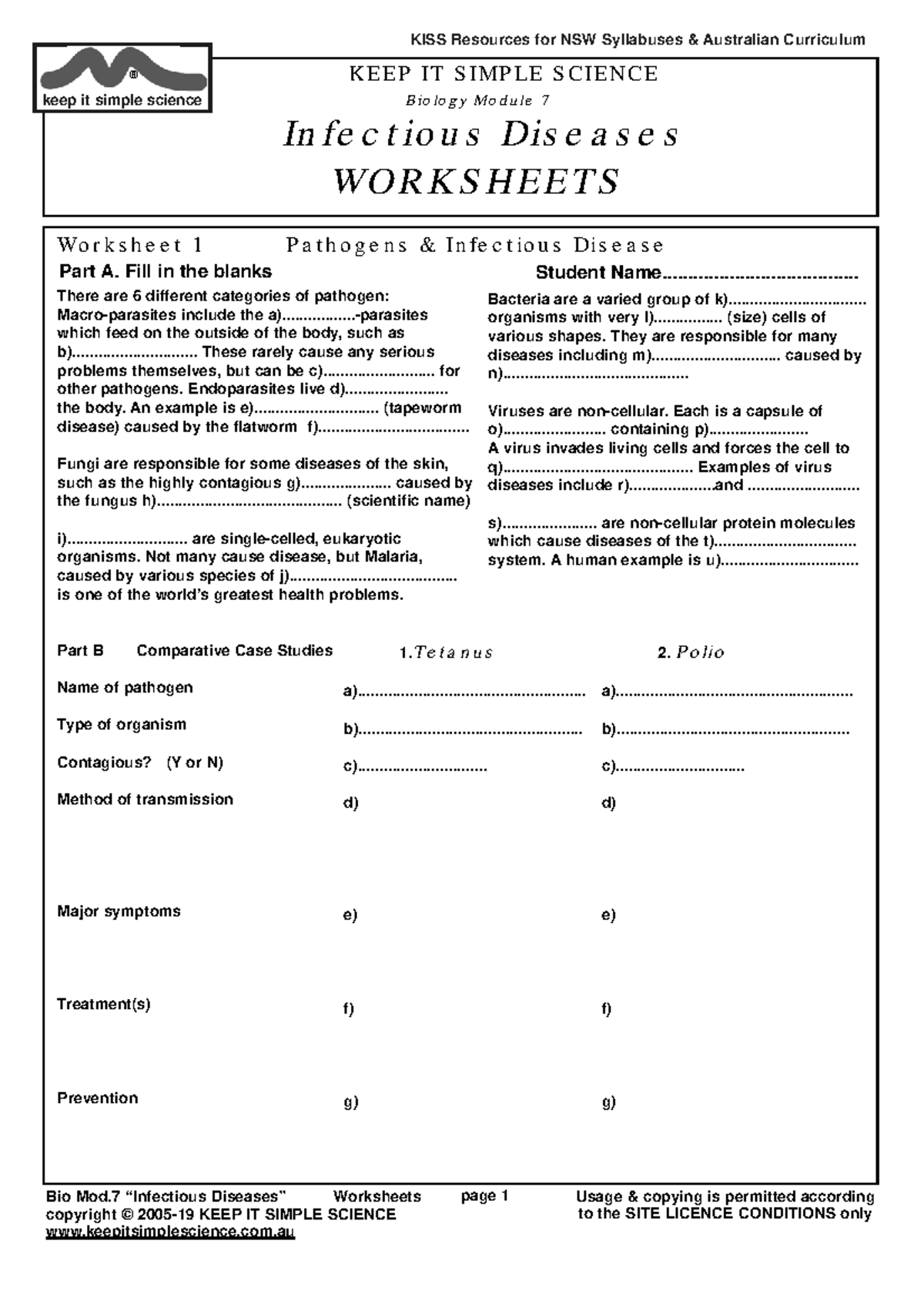 Bio Mod. 7 Worksheets: Infectious Diseases & Immunity Guided Notes ...