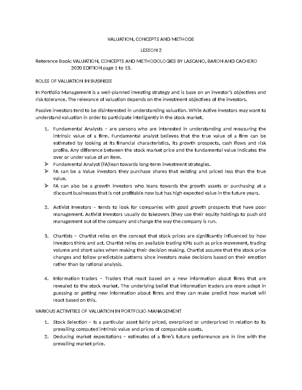 Lesson 2: Valuation Concepts & Methods in Portfolio Management (VCM) - Studocu