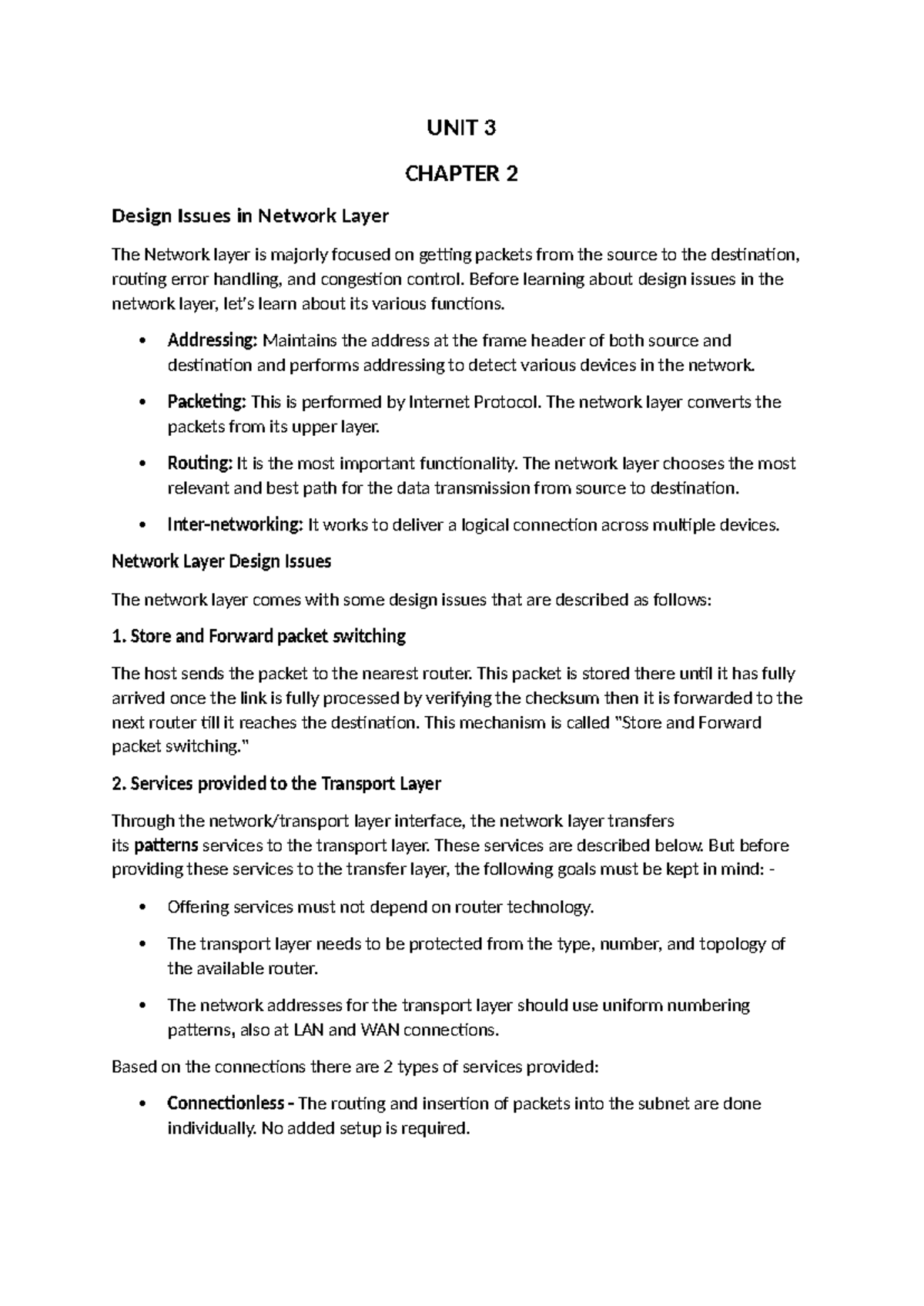 UNIT 3 CHAPTER 2 Network Layer Design Issues Explained - Studocu