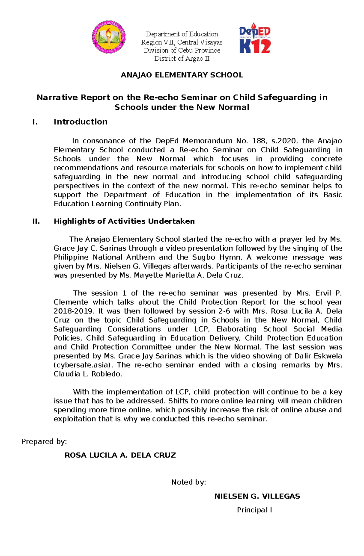 Child Safeguarding in Schools: Seminar Report (DepEd Memo 188) - Studocu