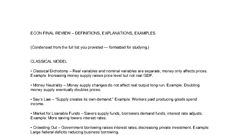 ECON 101 FINAL REVIEW: KEY DEFINITIONS & EXAMPLES - Studocu