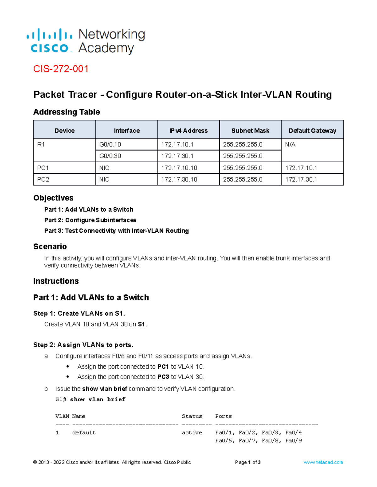 427 Packet Tracer Configure Router On A Stick Inter Vlan Routing Cis 272 Packet Tracer