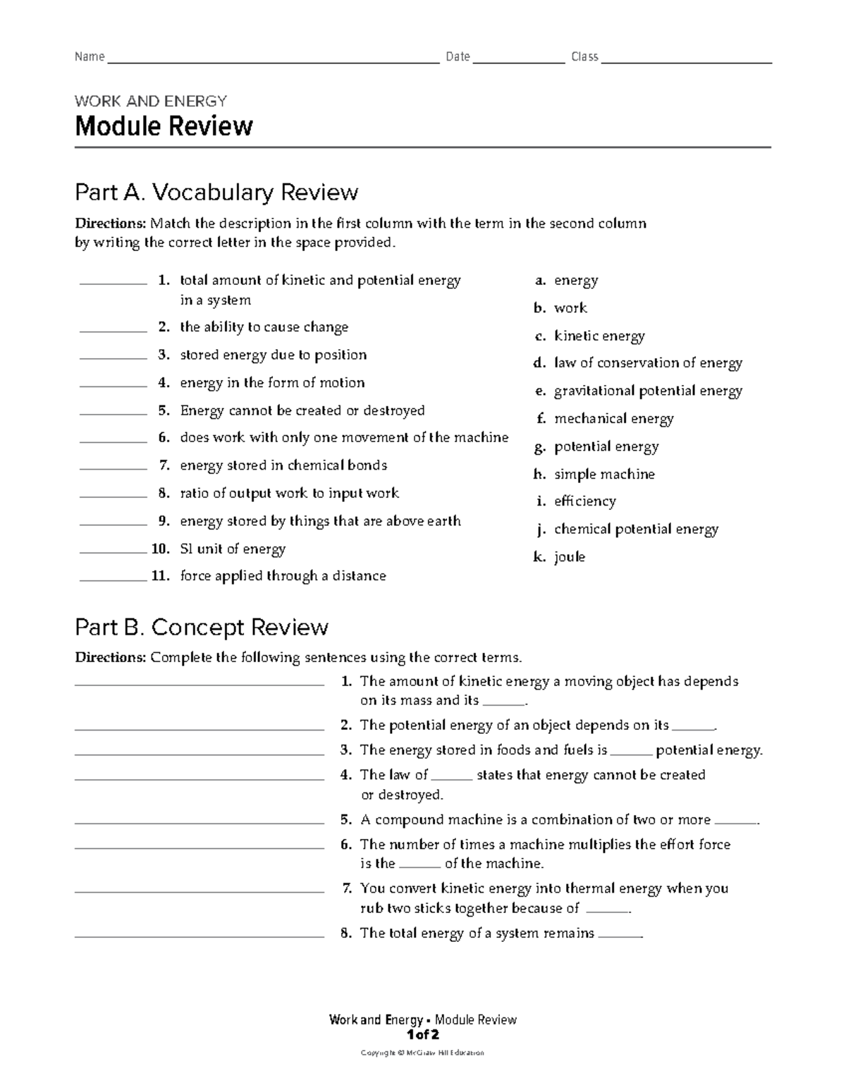 Work and Energy Module Review: Key Concepts and Vocabulary - Studocu