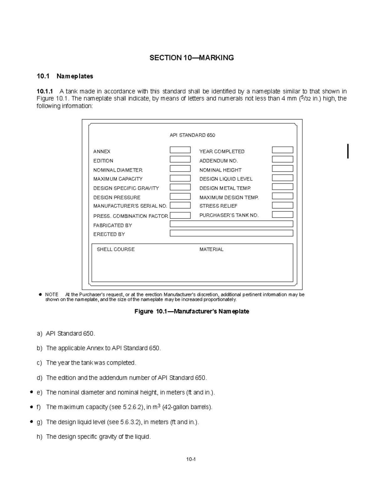 API 650 Standard Nameplate Requirements (2013) Section 10 Overview ...