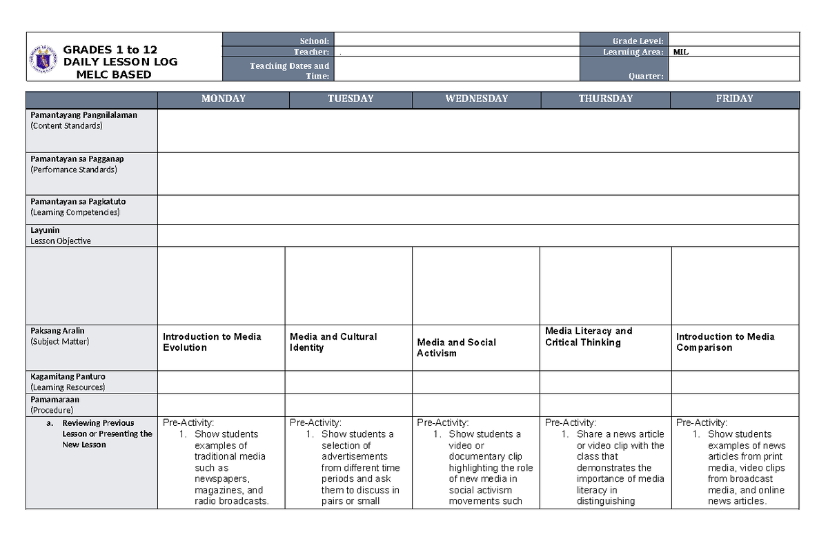 WEEK 4 - Daily Lesson Log for Grades 1-12: Media Evolution & Literacy ...