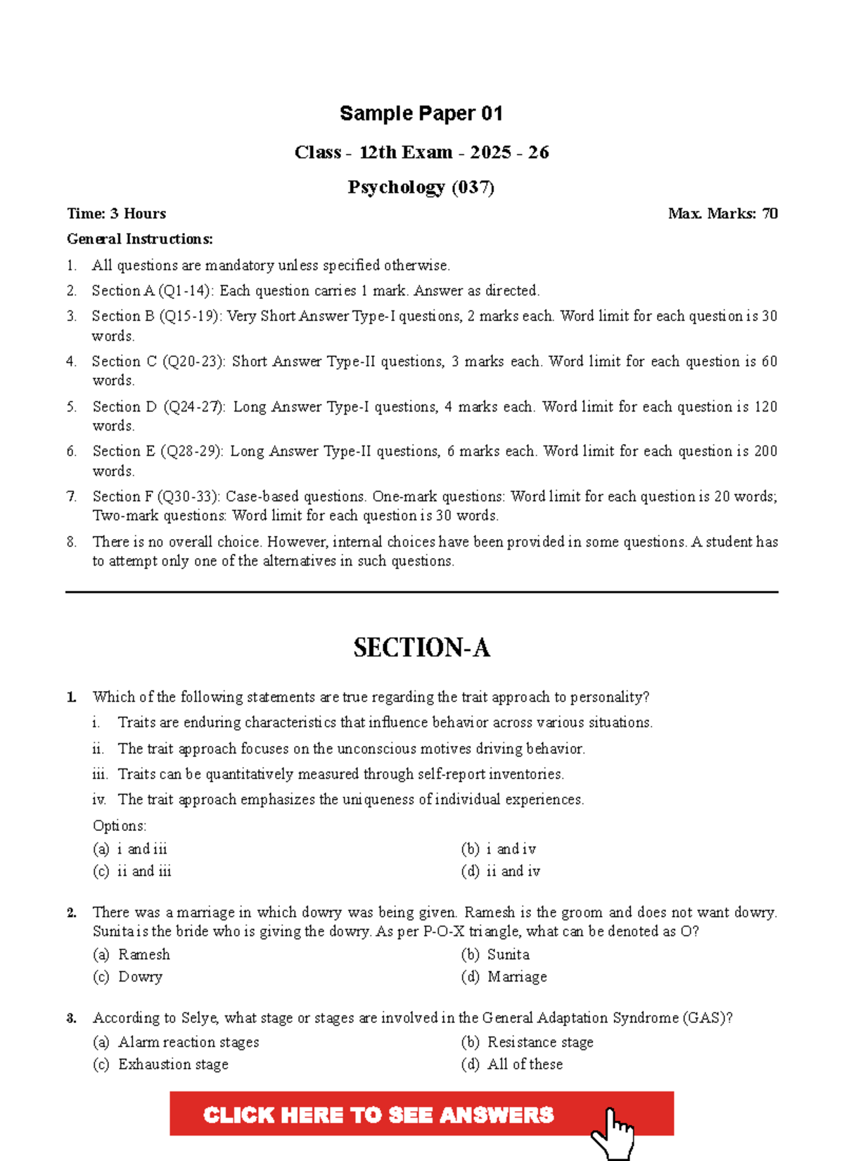 NODIA APP Class 12 Psychology Sample Paper 01 (037) Exam 2025-26 - Studocu