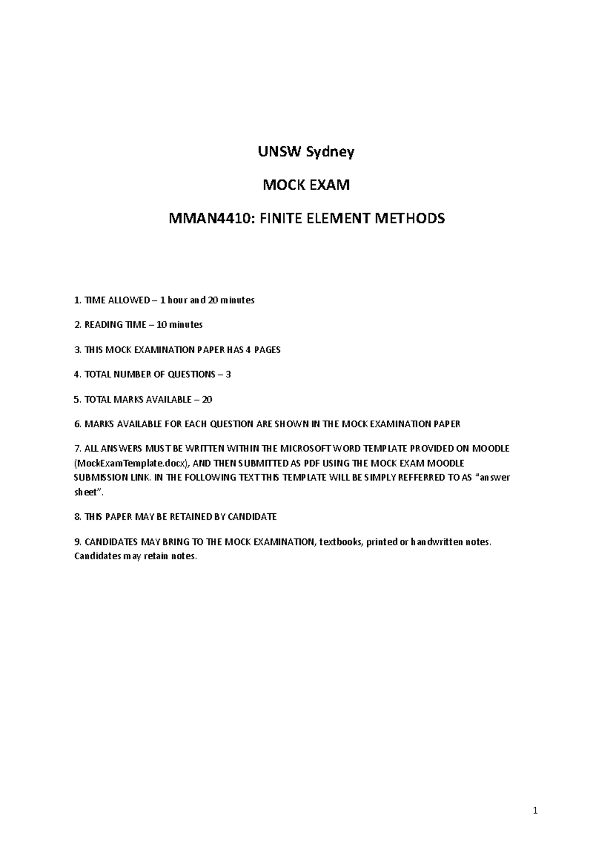 Mock Exam - MMAN4410 Finite Element Methods - Studocu