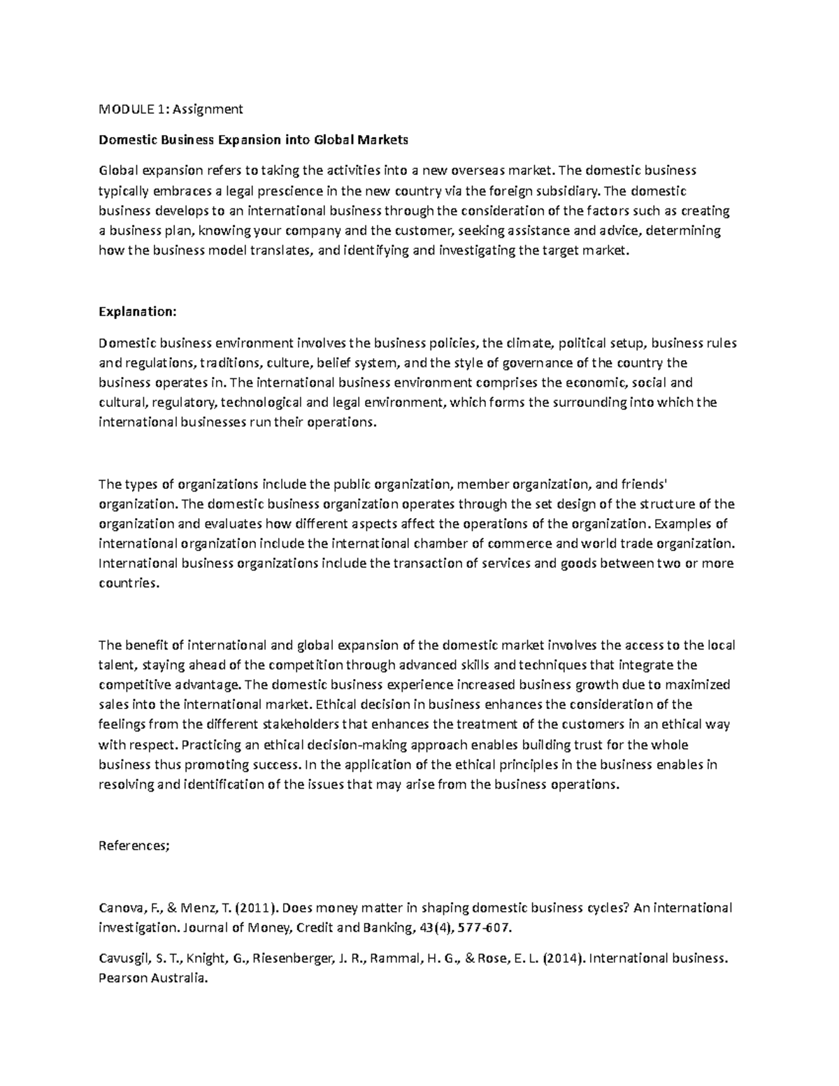 Module 1 Submission - MODULE 1: Assignment Domestic Business Expansion ...