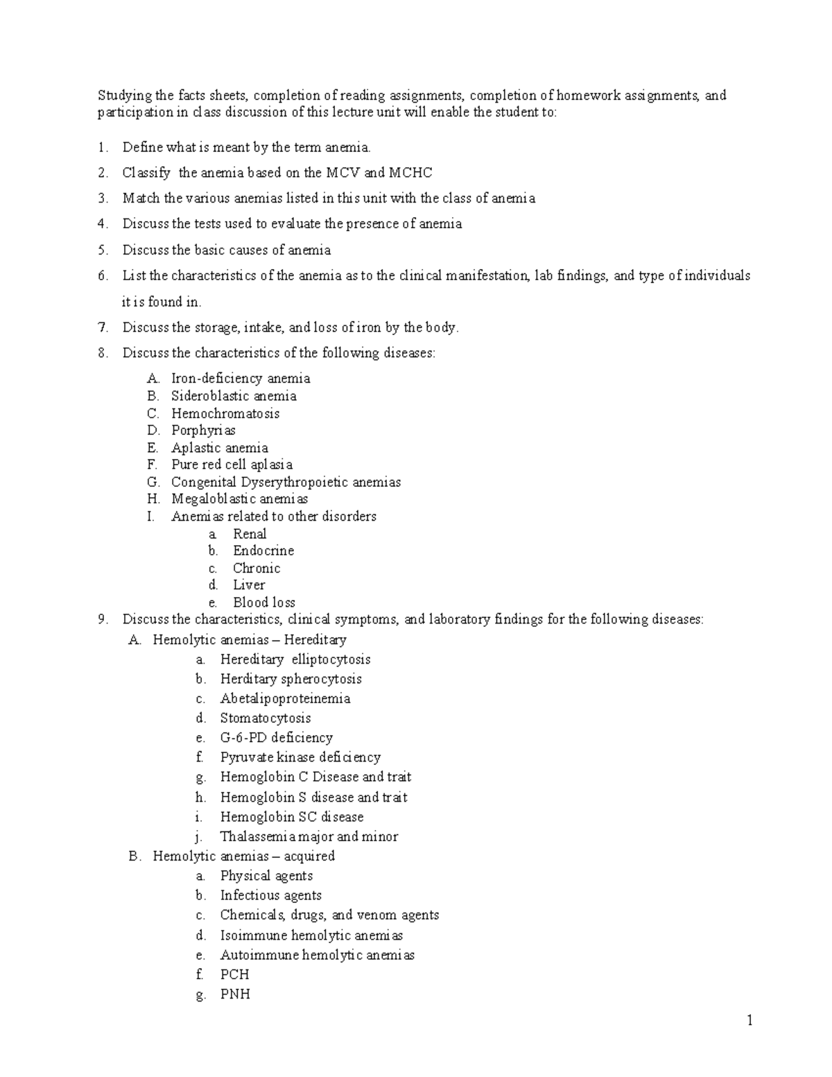 Anemias Overview and Key Concepts for Lecture Unit 101 - Studocu