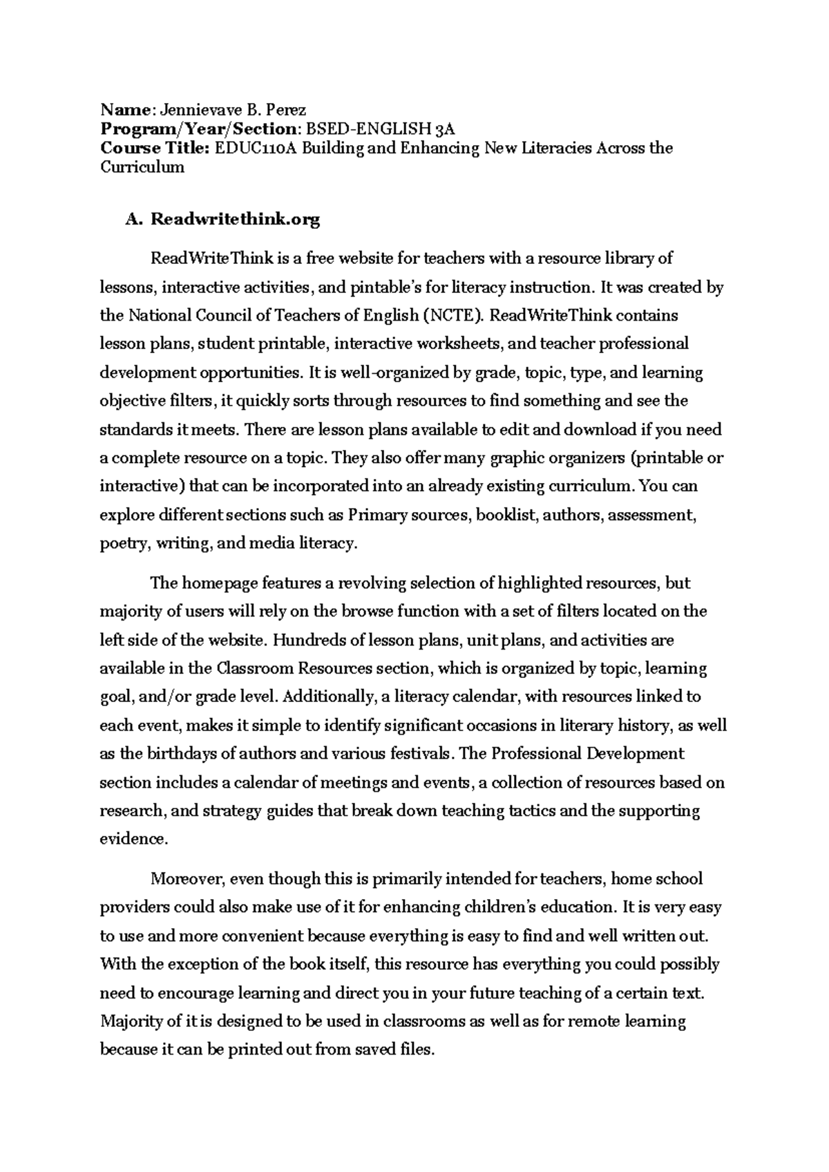 EDUC110A Final Exam: Exploring ReadWriteThink & EasyBib Resources - Studocu