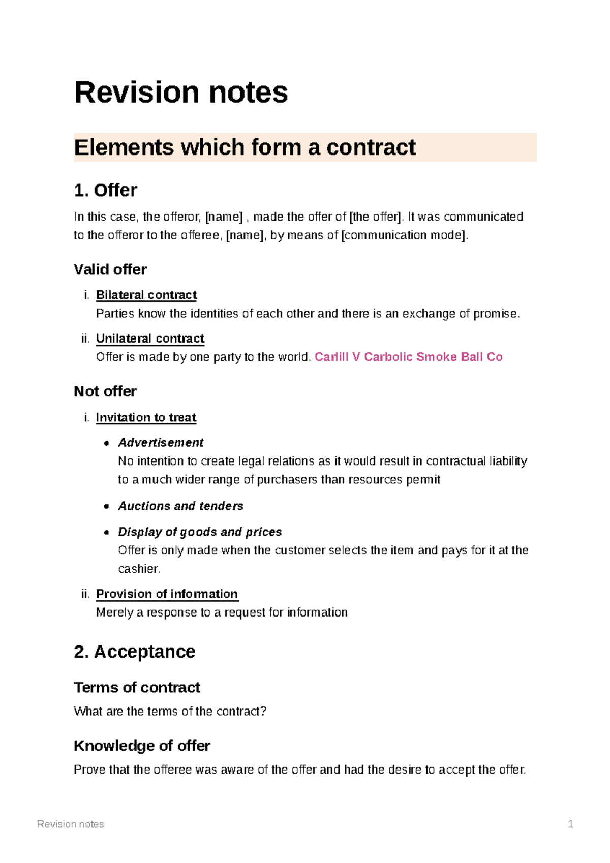 Finals Revision notes - Revision notes Elements which form a contract 1 ...