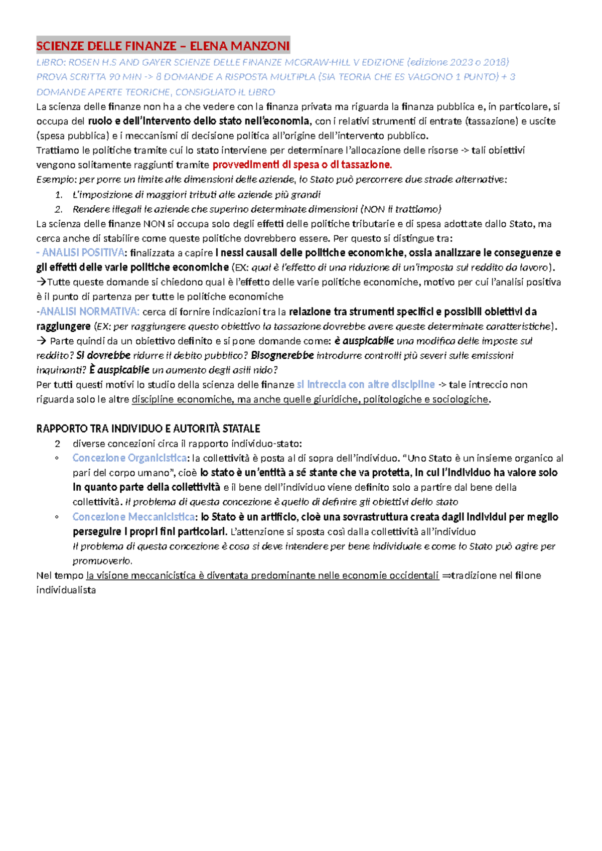 Scienze Delle Finanze - Appunti per Prova Scritta (2023) - Studocu