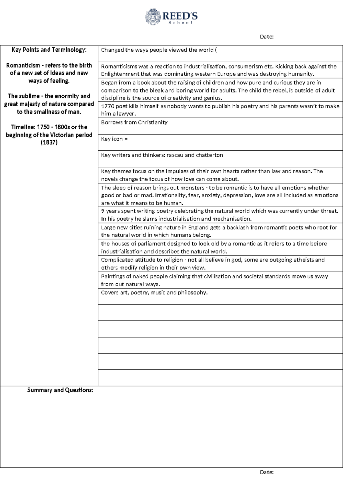 Romanticism Course Notes: Key Ideas and Themes (Cornell Style) - Studocu
