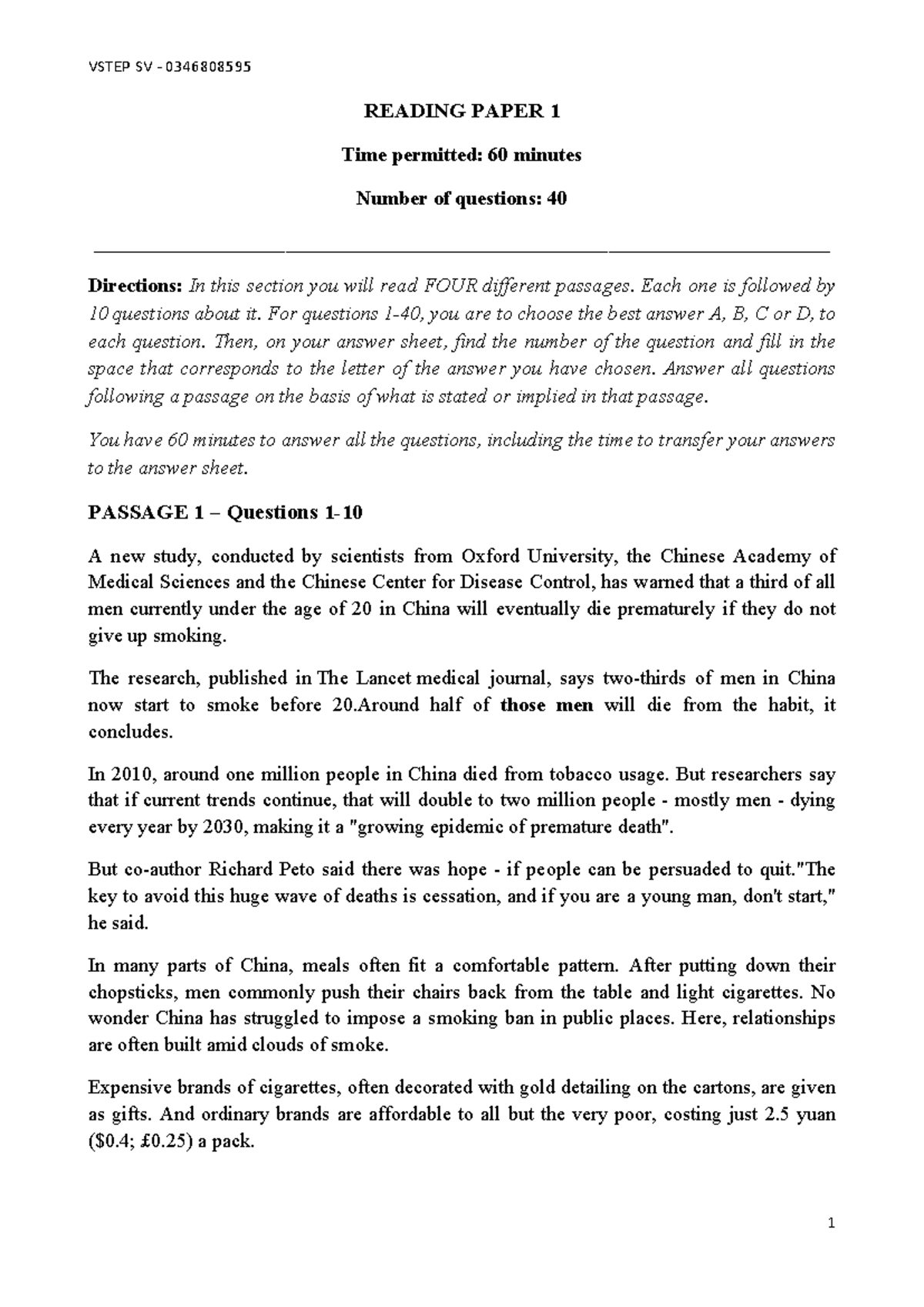 VSTEP SV 0346808595 Reading Paper 1: Key Insights and Questions - Studocu