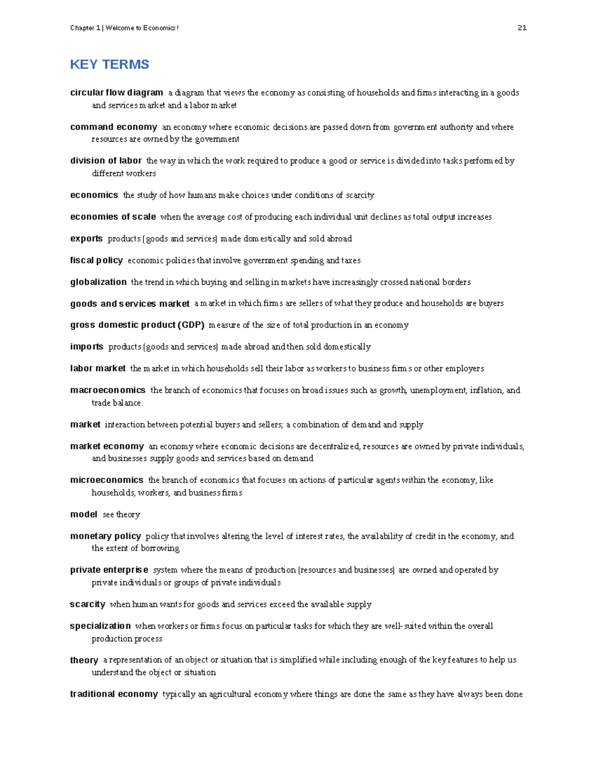 Chapter 1: Study Guide - Chapter 1 Welcome to Economics! 21 KEY TERMS ...