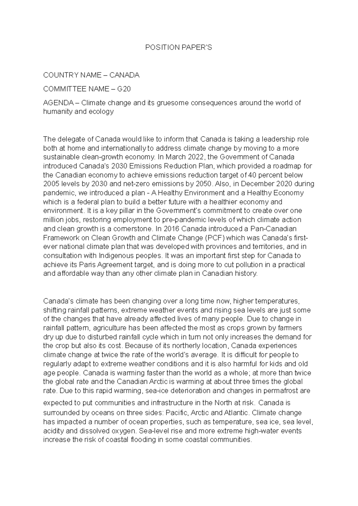 Position Paper - POSITION PAPER’S COUNTRY NAME – CANADA COMMITTEE NAME ...