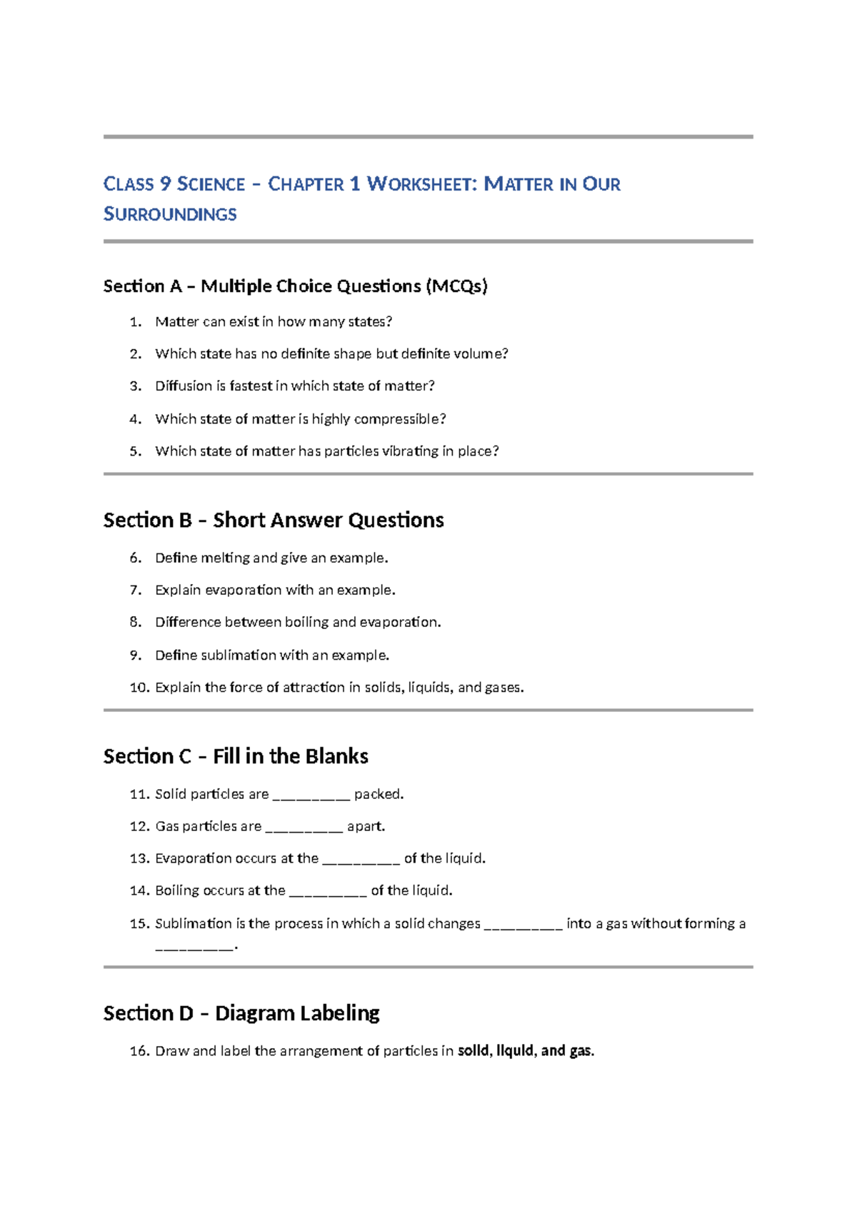 Class 9 Science Worksheet: Ch 1 - Matter in Our Surroundings - Studocu
