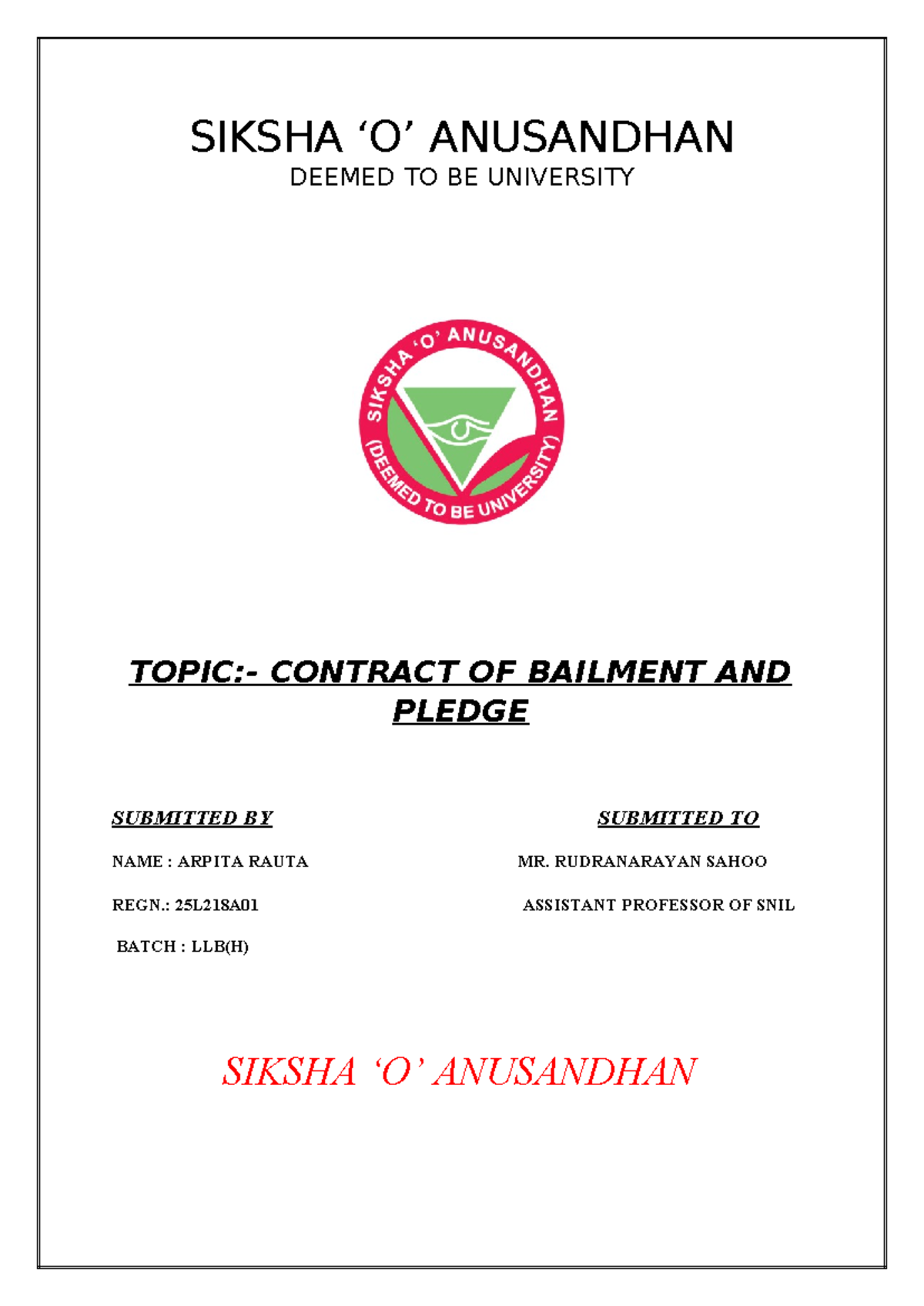 LLB(H) Contract of Bailment and Pledge: Key Concepts and Examples - Studocu
