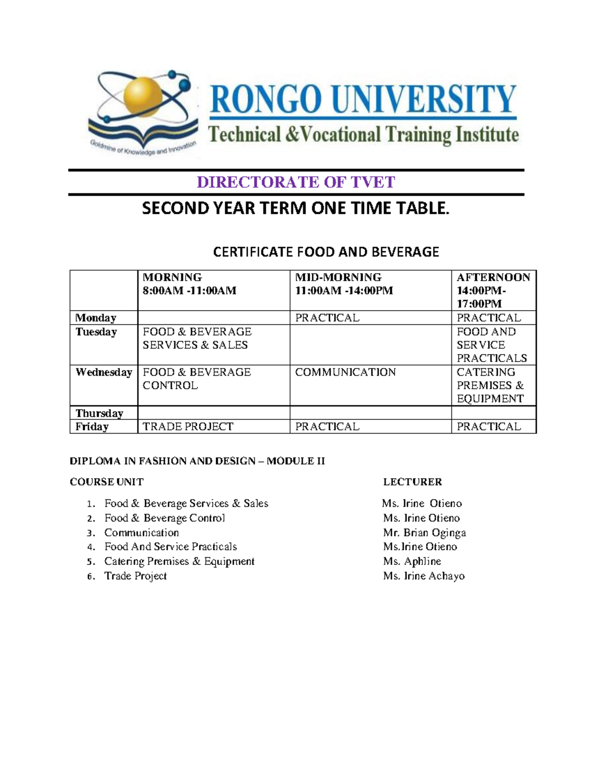 TIME Table KNEC. 2025 - DIRECTORATE OF TVET SECOND YEAR TERM ONE TIME ...