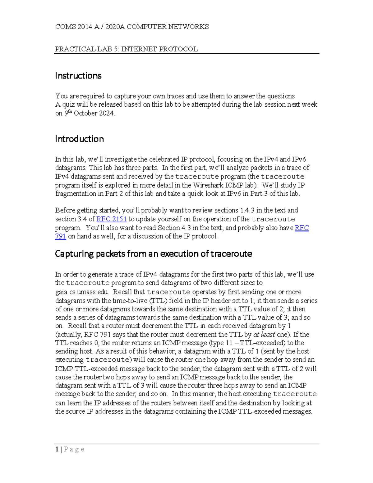 IP Lab 2024 - Practical Lab 5: Investigating Internet Protocols - Studocu