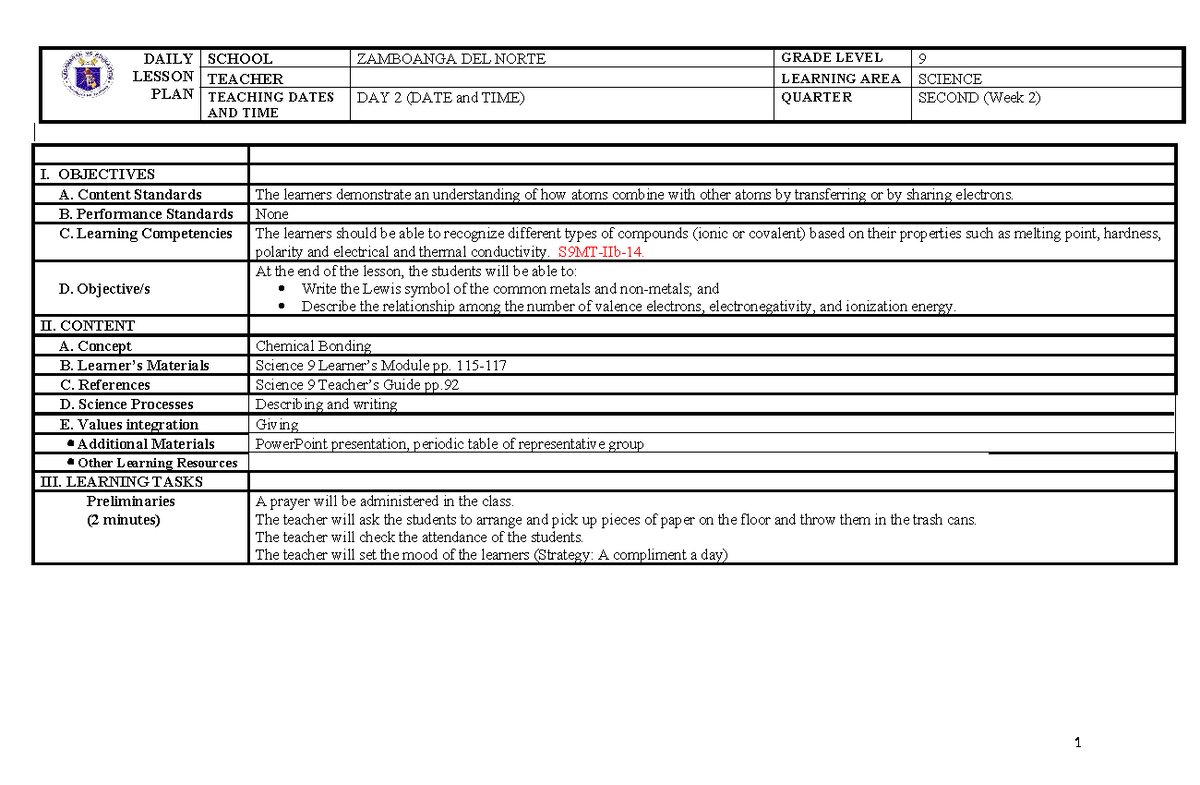 Sci9Q2W2 Day 2 Lesson Plan: Understanding Chemical Bonding - Studocu