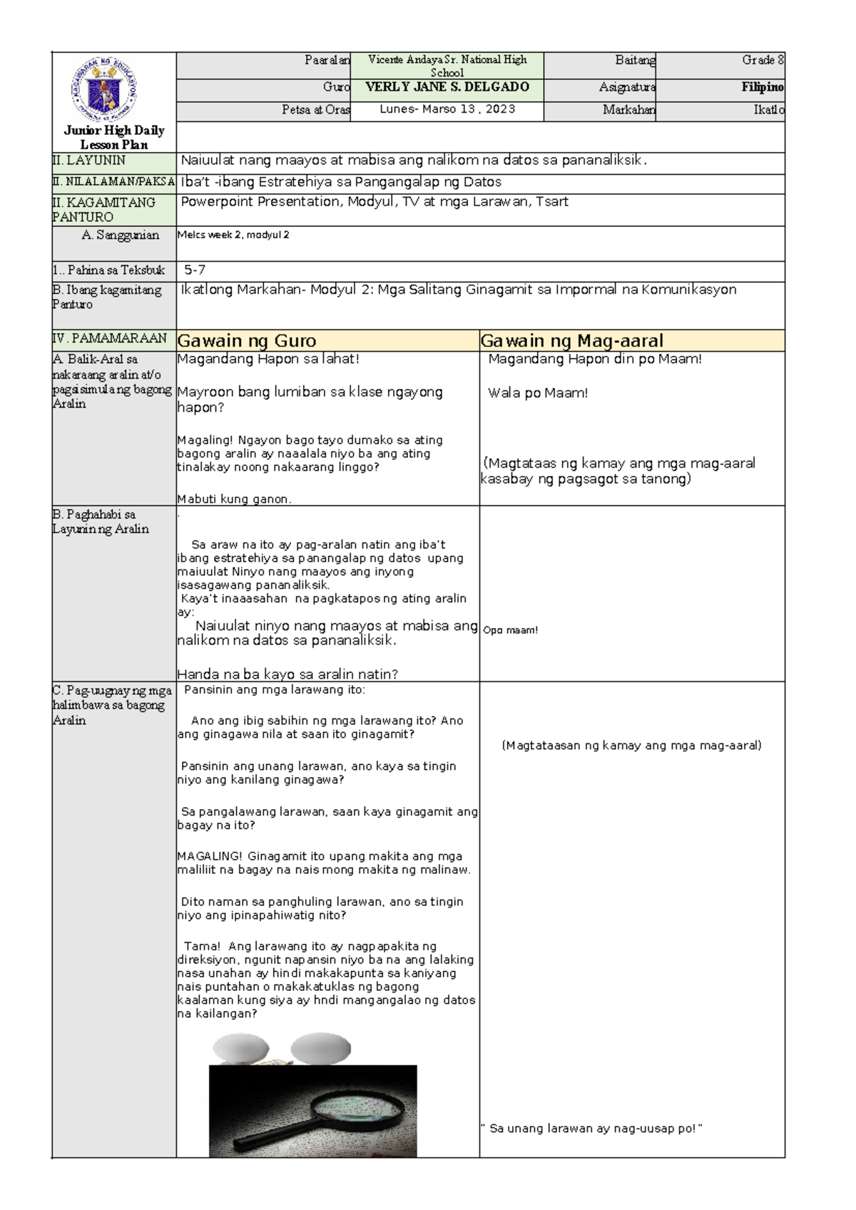 Daily Lesson Plan II: Estratehiya sa Pangangalap ng Datos (Grade 8 ...